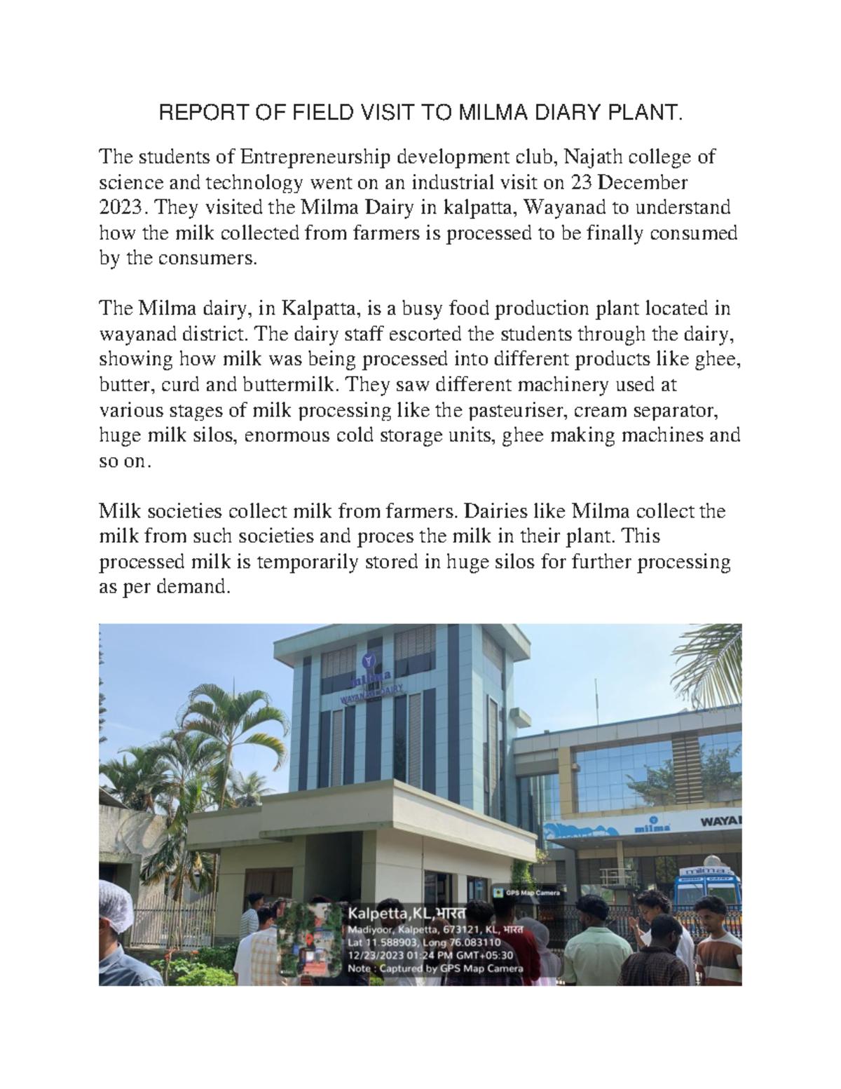 Field Visit Report: Milma Dairy Plant - Entrepreneurship Development ...