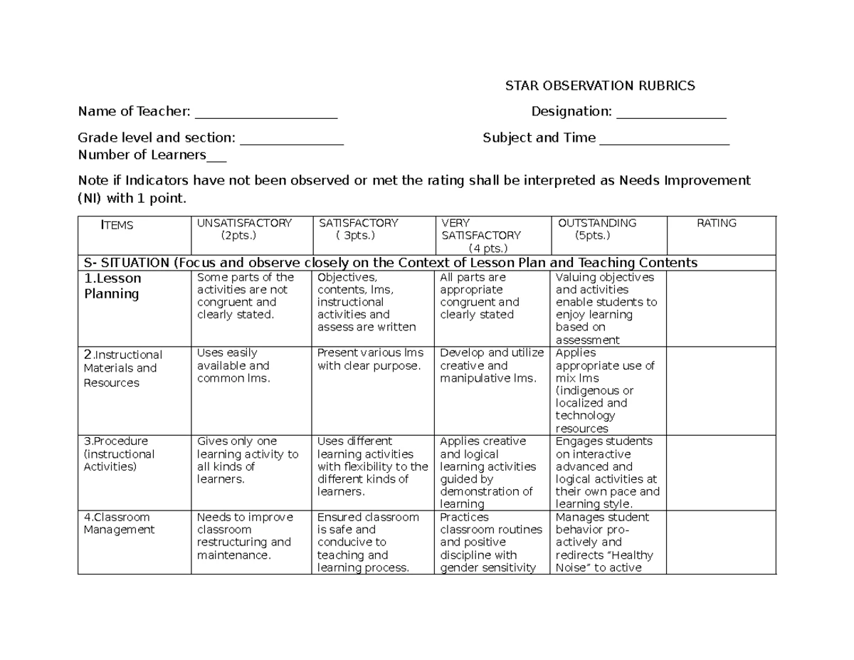 STAR Observation Technique - Instructional Supervision Notes - Studocu