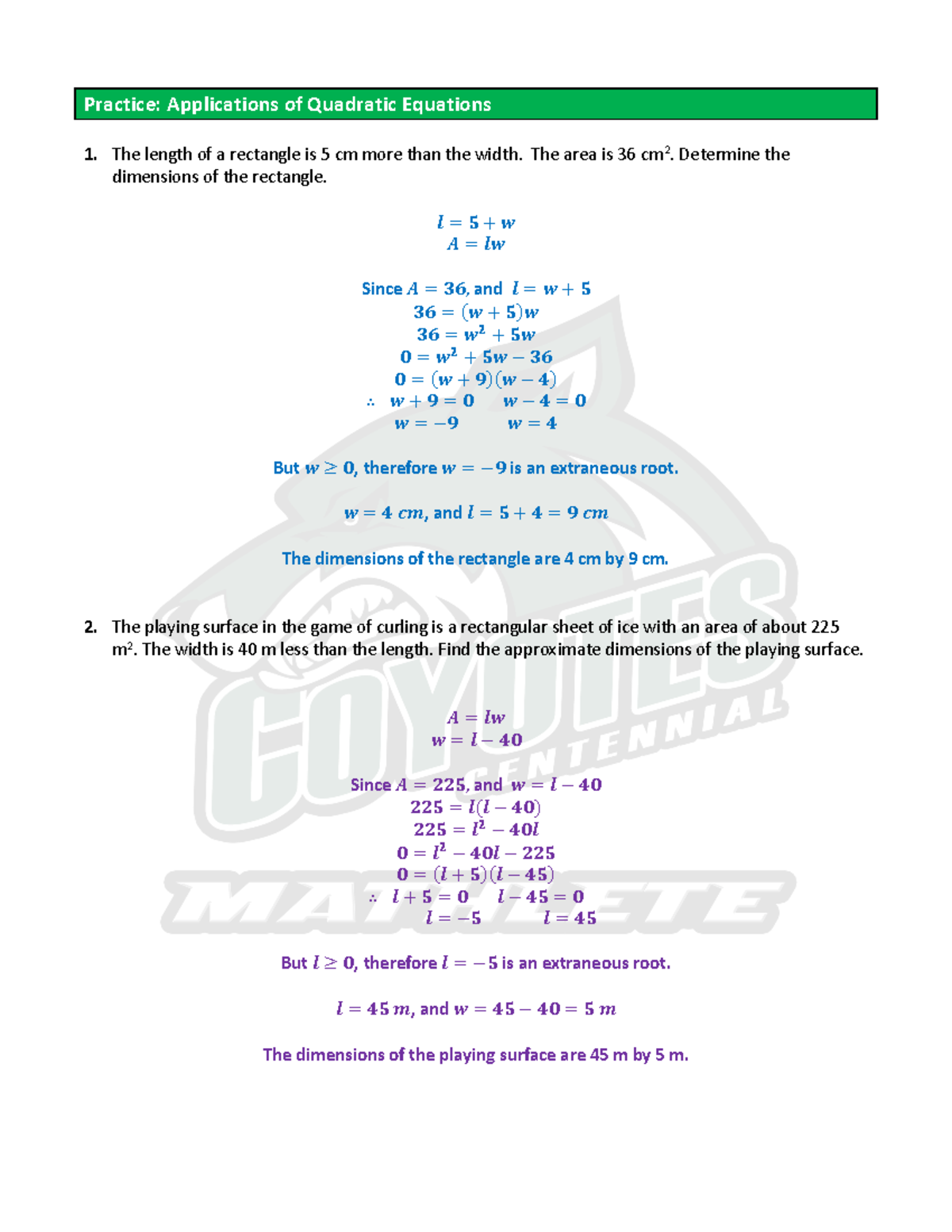 Applications of Quadratic Equations: Solutions (MATH 12) - Studocu