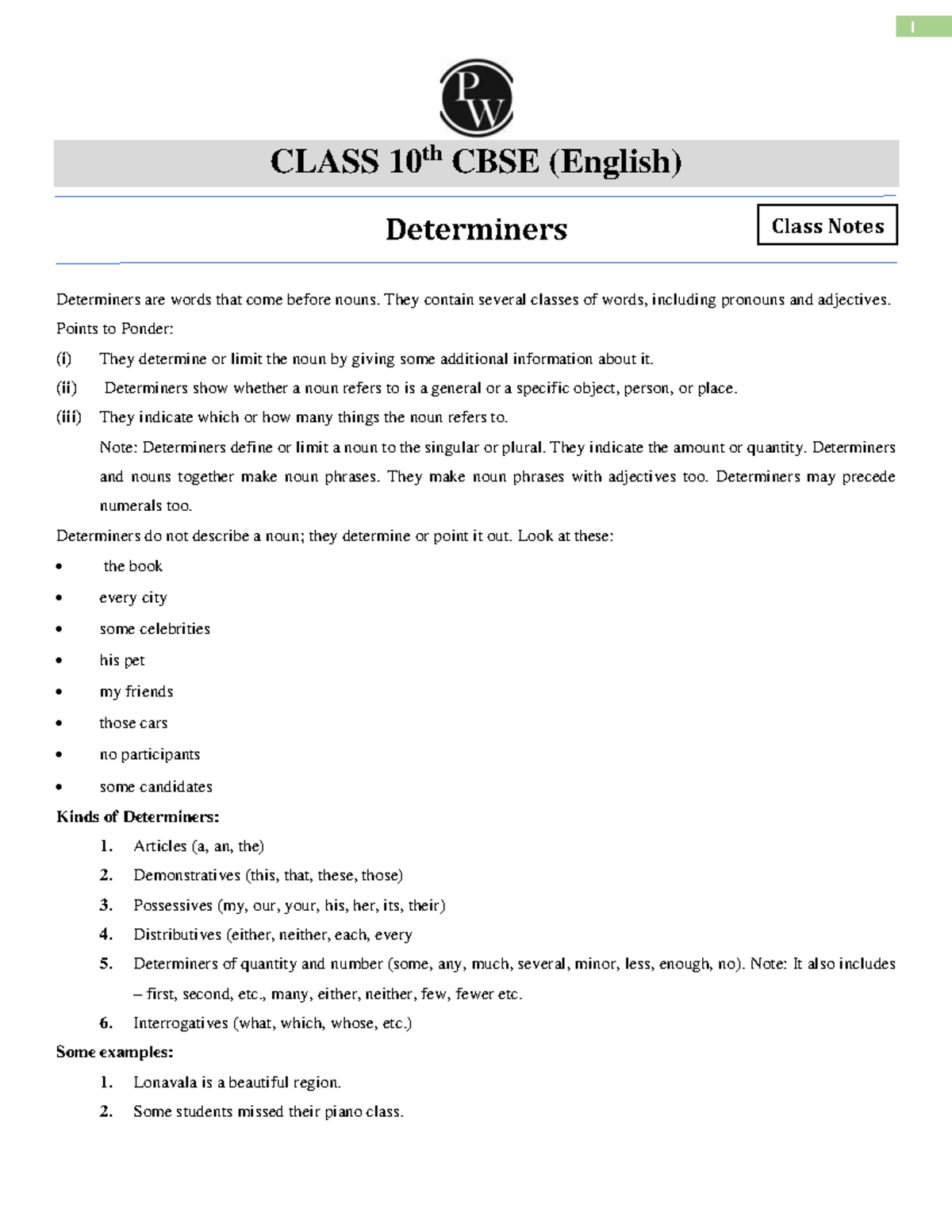 Foundation Short-Notes: Class 10th CBSE English - Determiners - Studocu