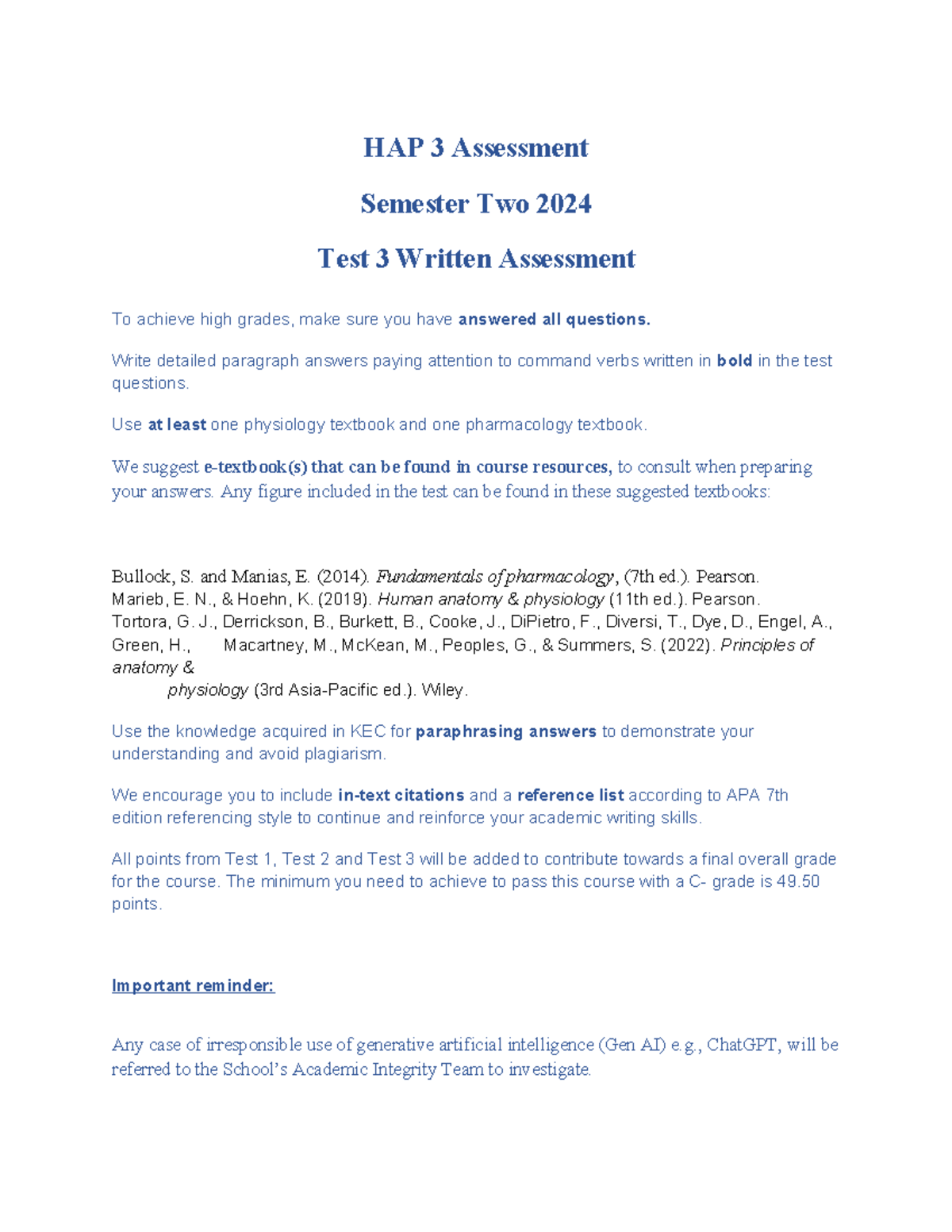 HAP 3 Assessment Semester 2 2024: Test 3 Written Guidelines - Studocu