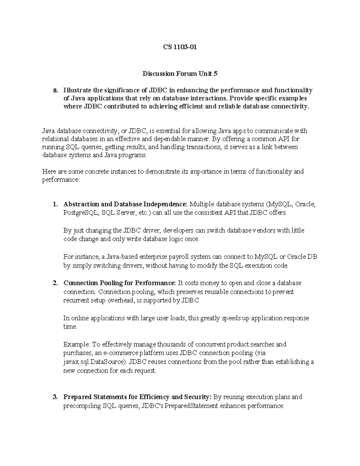 CS 1103 Discussion Assignment: The Role of JDBC in Java Database ...