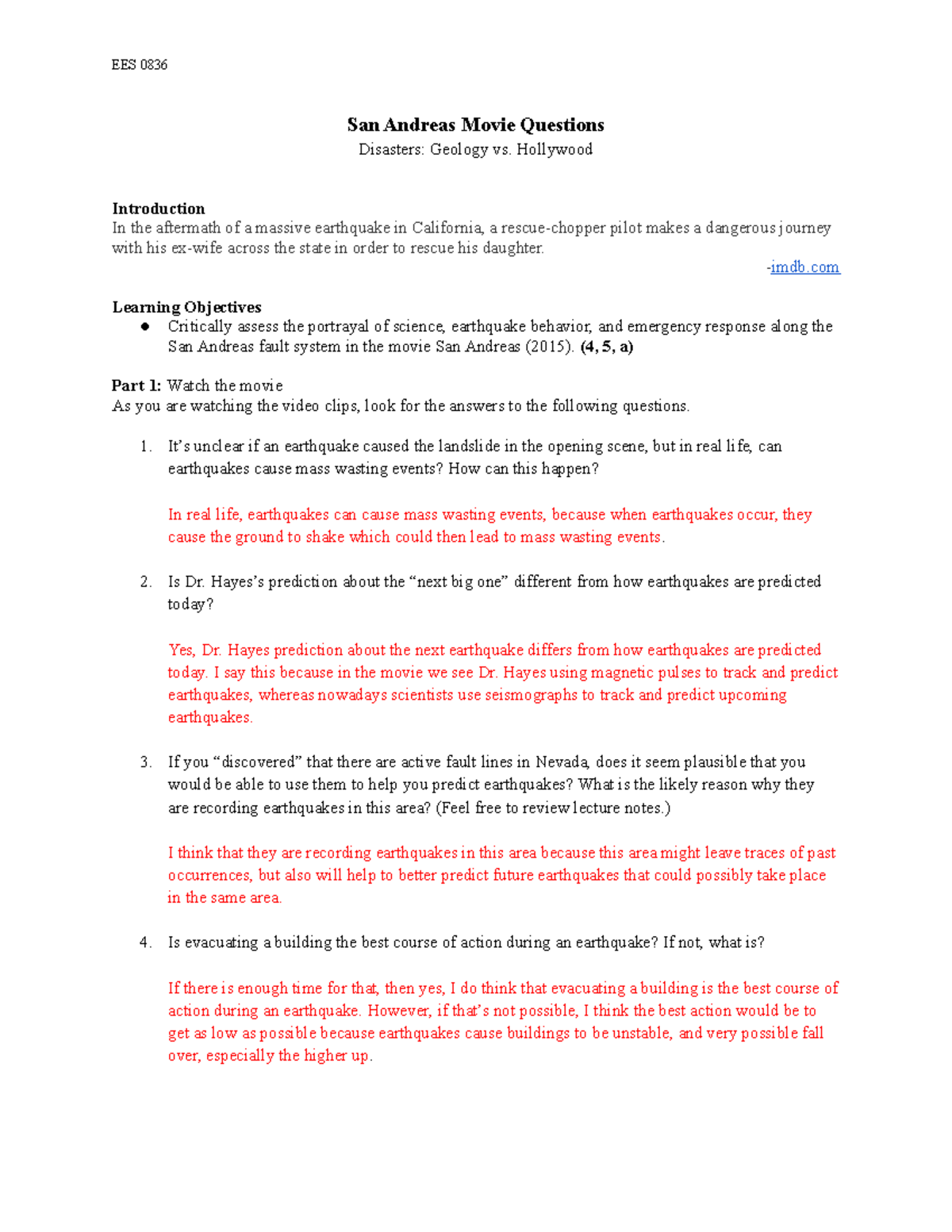 EES 0836: San Andreas Movie Analysis and Earthquake Impact Study - Studocu