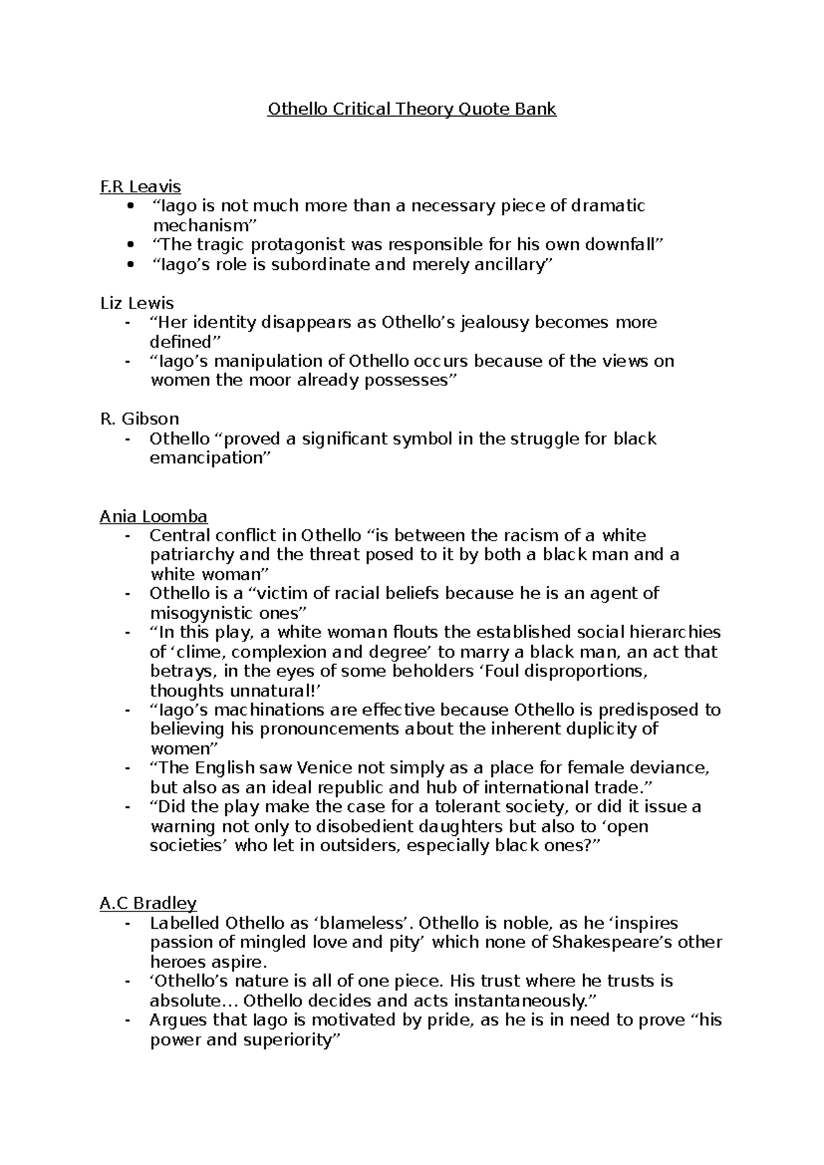 Othello Critical Theory Quote Bank: Key Insights and Analysis - Studocu