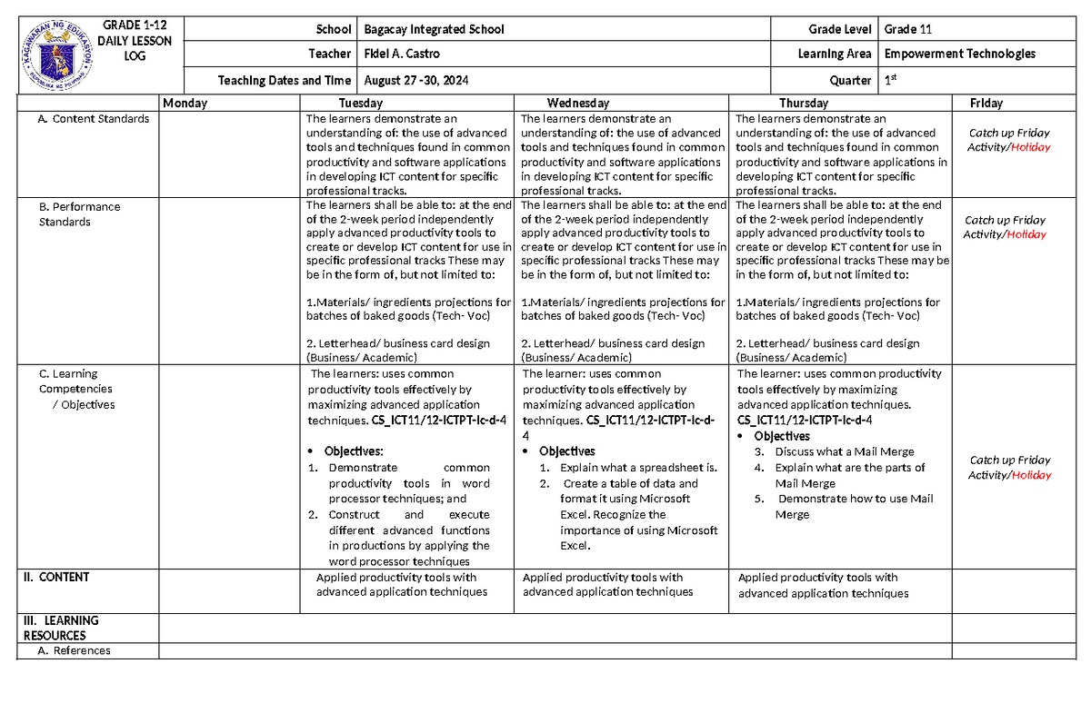 Etech-WEEK 5 - Grade 11 Lesson Plan on Empowerment Technology - Studocu