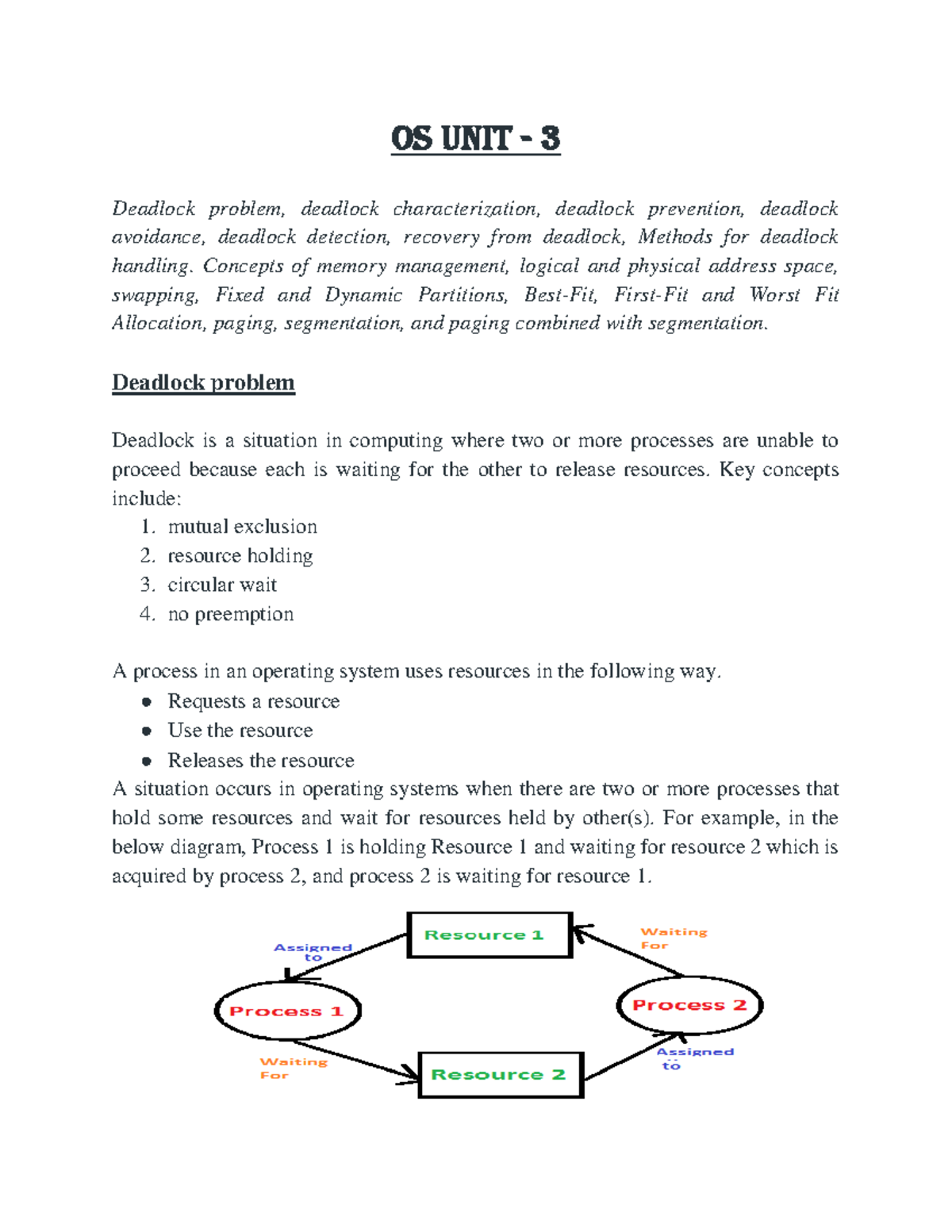 OS Unit 3: Deadlock Management & Memory Management Concepts - Studocu