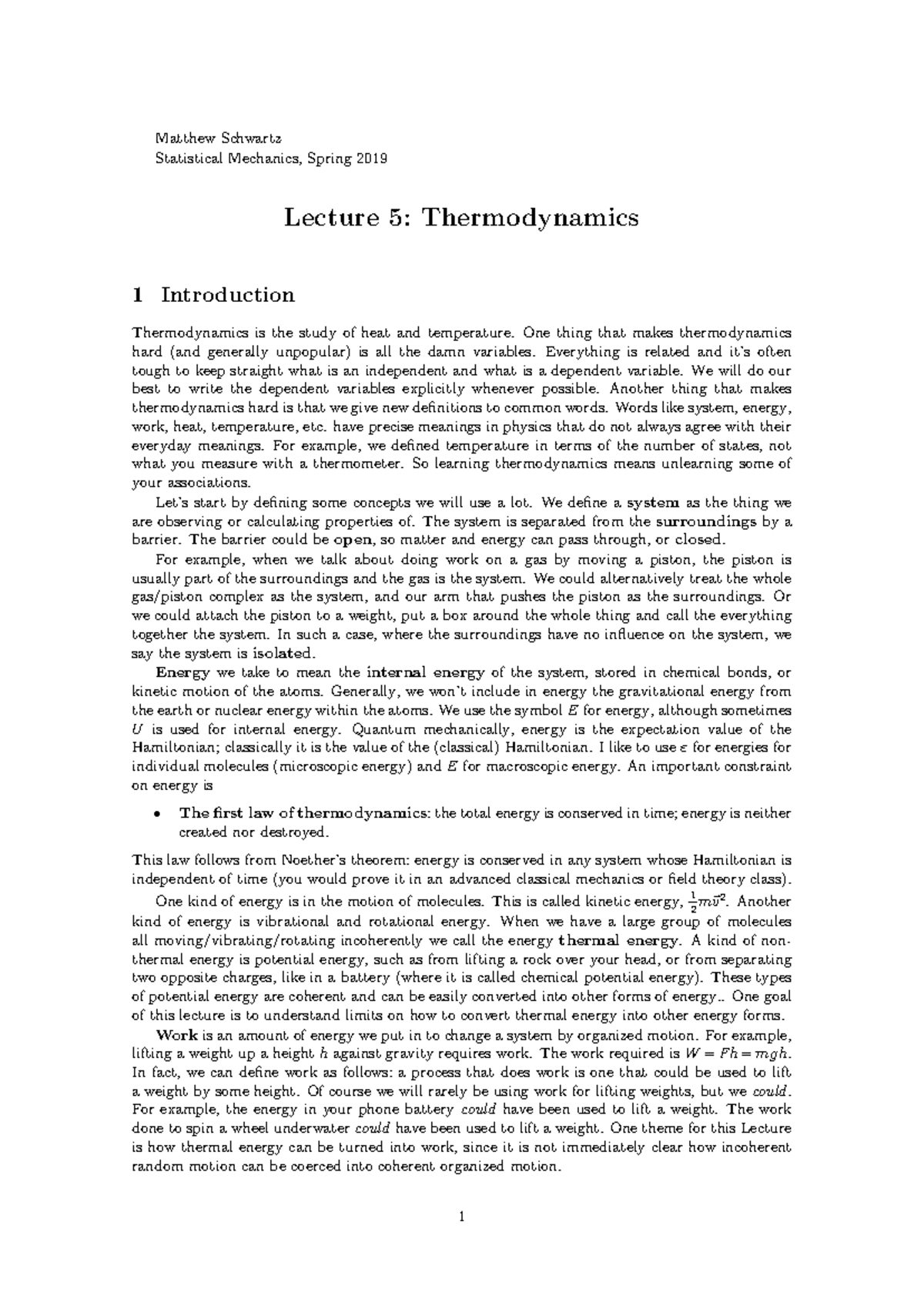 Thermodynamics Lecture 5 Summary: Key Concepts and Principles (PHYS 101 ...
