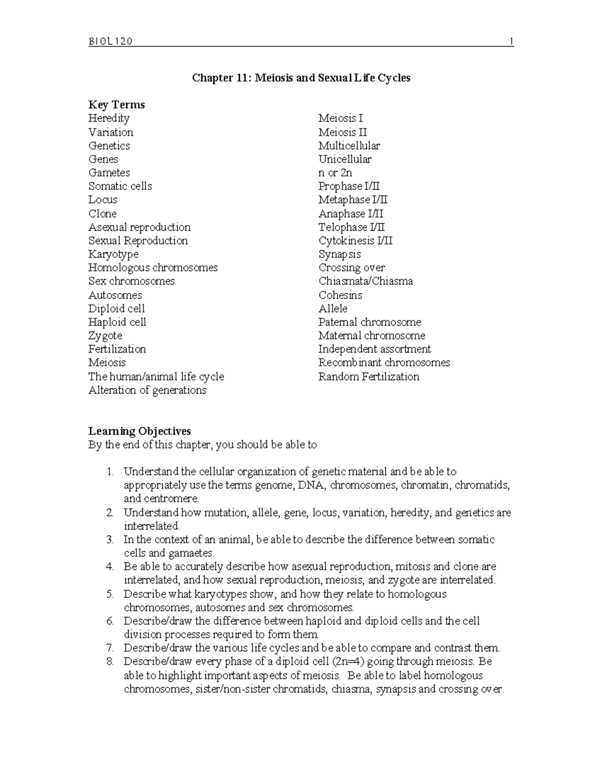 Biol 120 Final Exam Study Guide: Meiosis & Sexual Life Cycles - Studocu
