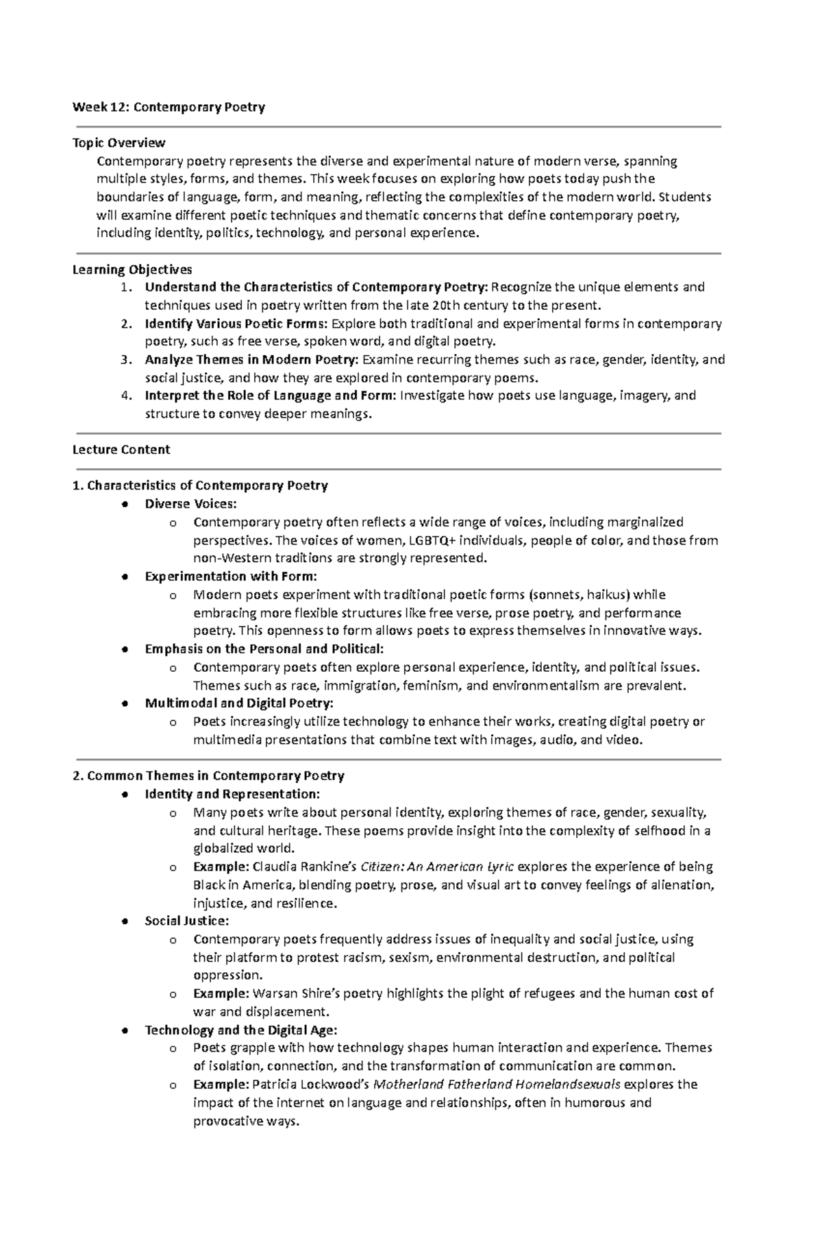 Week 12: Contemporary Poetry Overview and Analysis (LIT 101) - Studocu