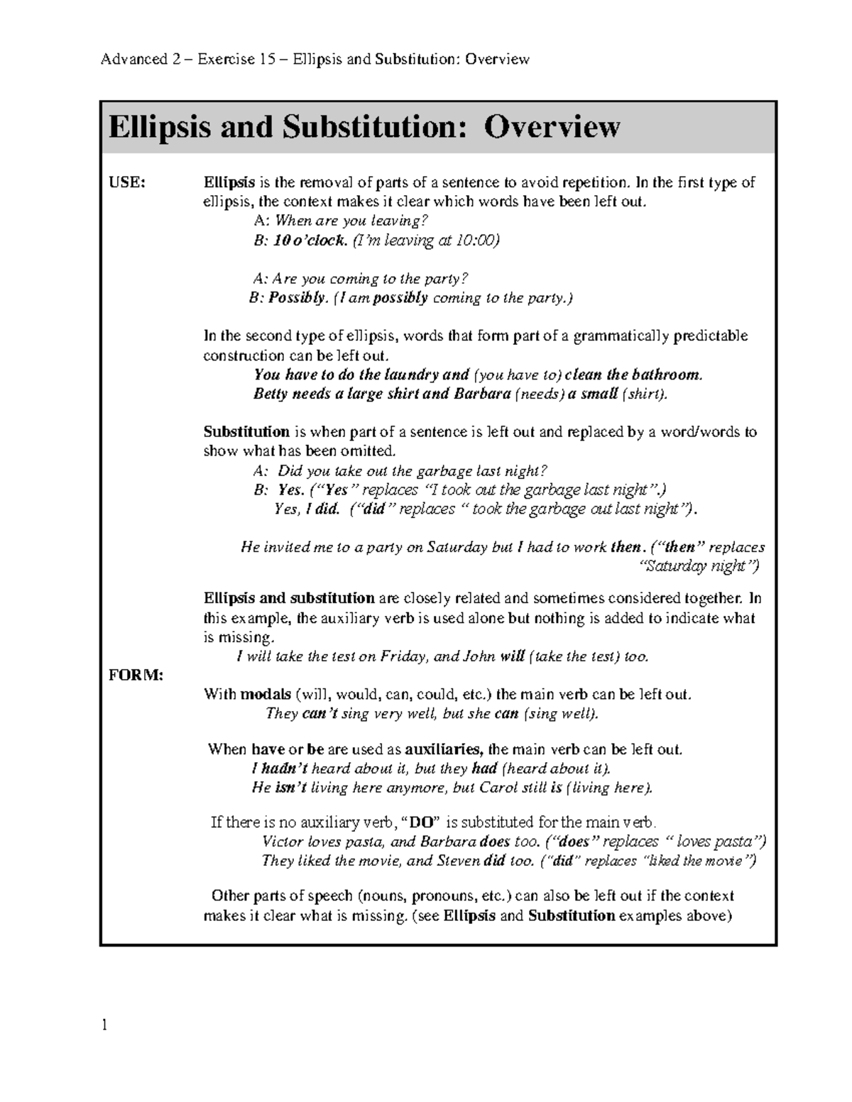 Advanced 2 Exercise 15: Overview of Ellipsis & Substitution - Studocu