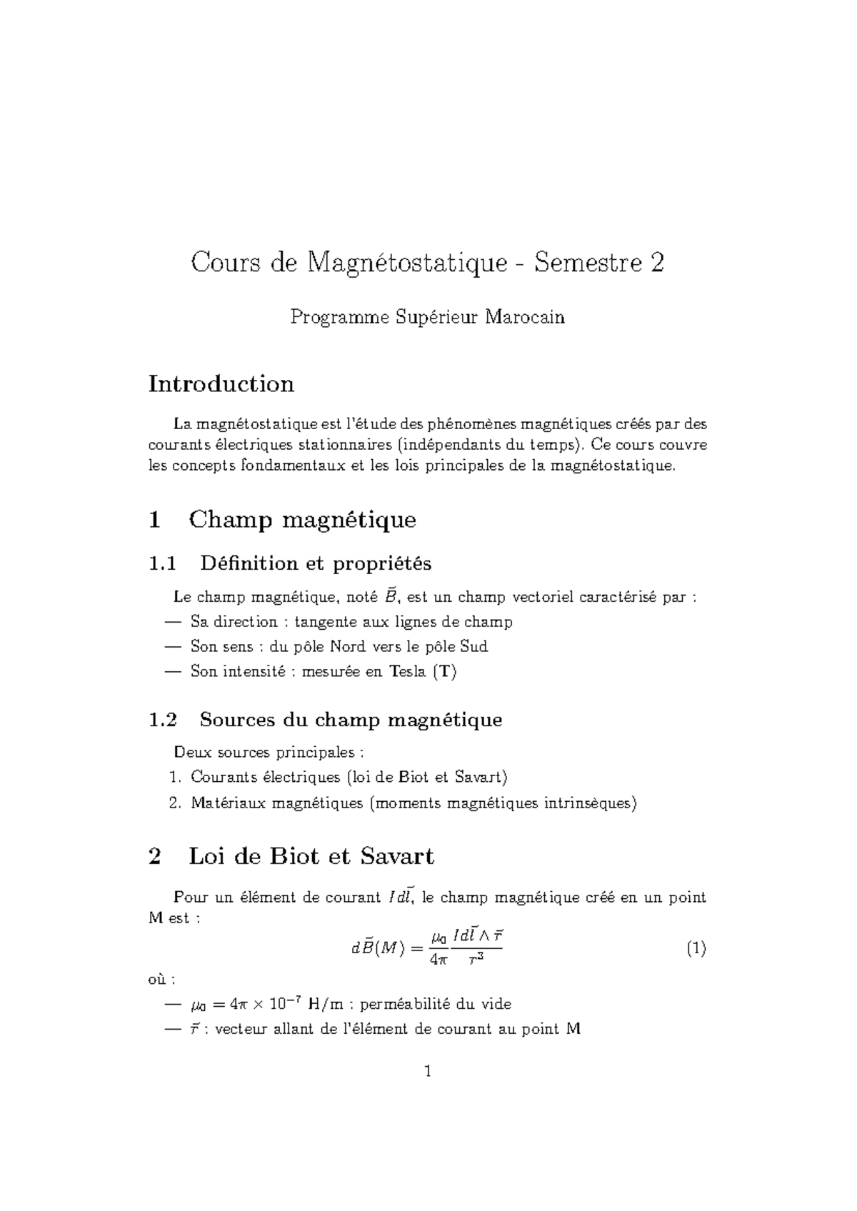 Magnetostatique S2: Concepts et Lois Fondamentales du Cours - Studocu
