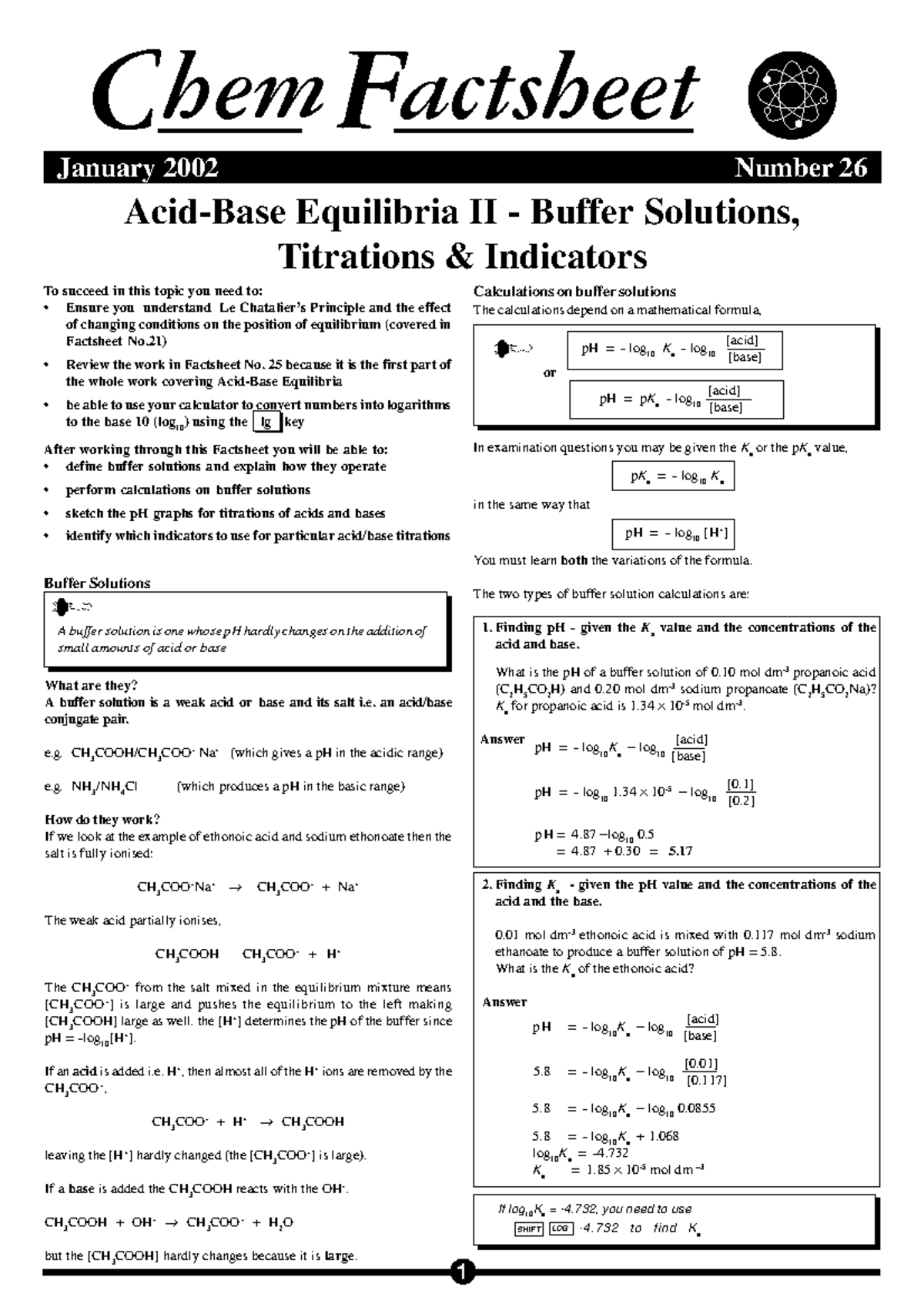 Chem Factsheet: Acid-Base Equilibria II - Buffers, Indicators ...