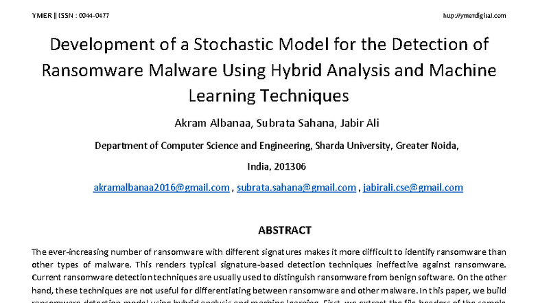 YMER ISSN: Stochastic Model for Ransomware Detection via ML Techniques ...