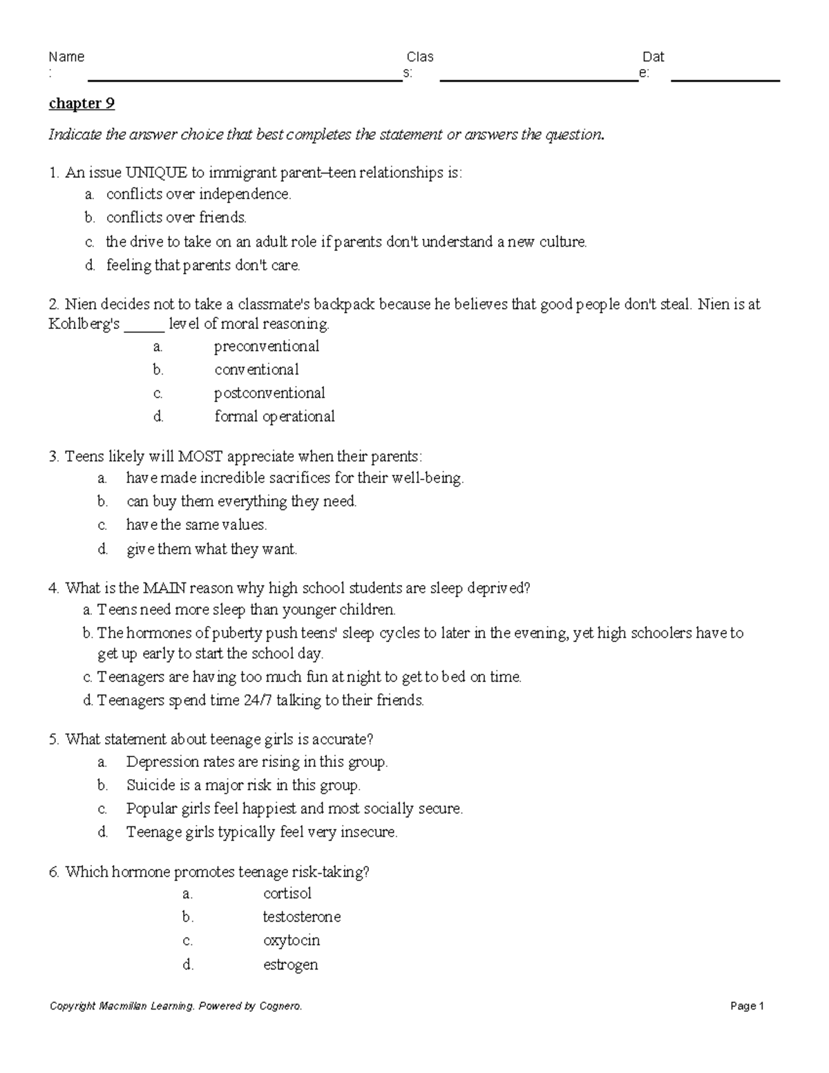 Chapter 9 - Adolescent Development Study Guide Questions and Answers ...