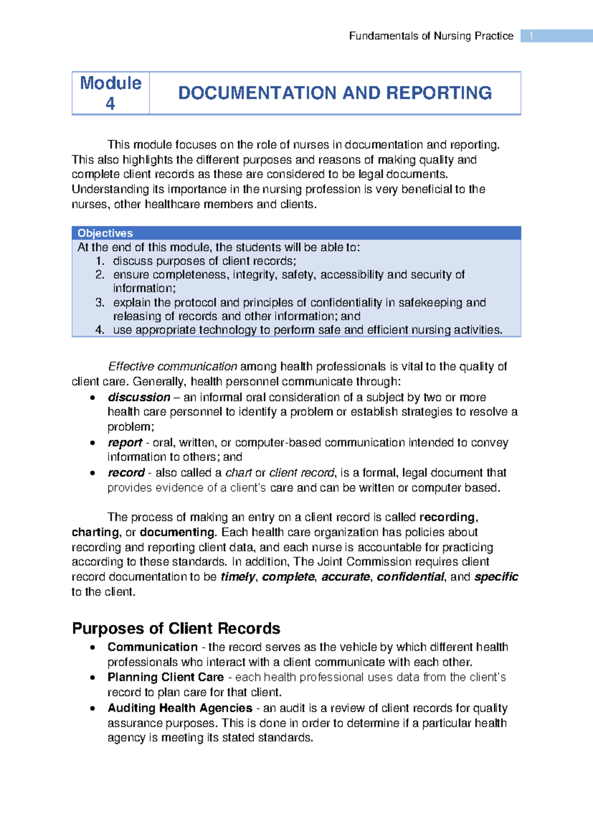 NCM 103 Chapter 4: Documentation & Reporting in Nursing - Studocu