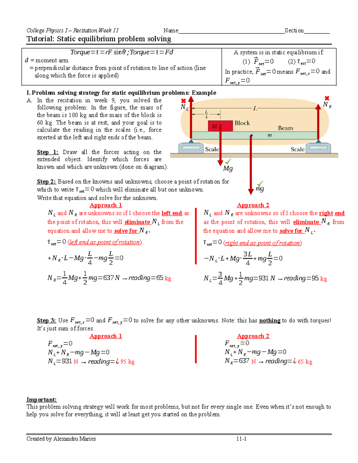 CP1 Recitation tutorial - Week 11 - Static equilibrium problem solving ...