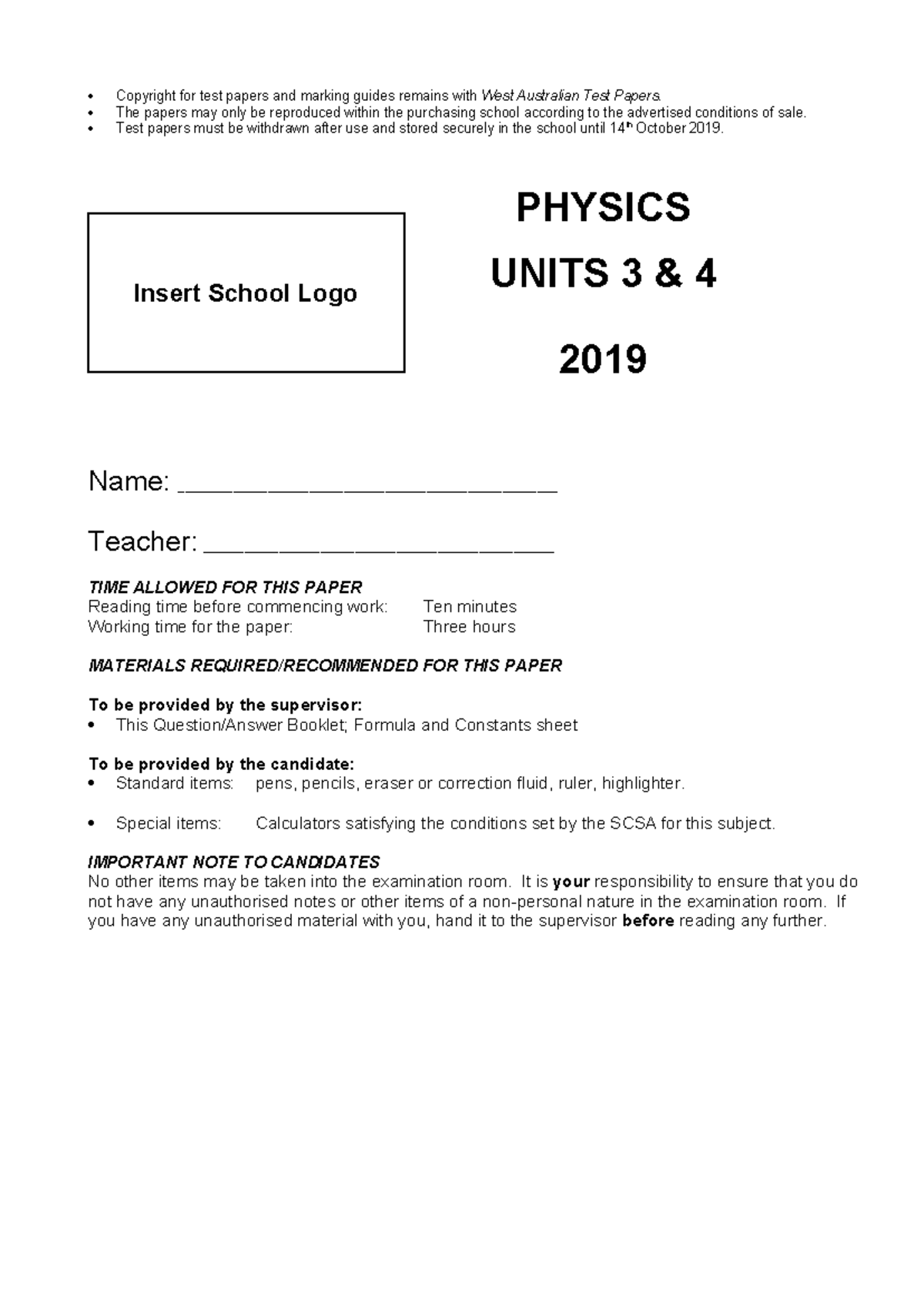 2019 PHYSICS Units 3 & 4 Final Exam Paper - Studocu
