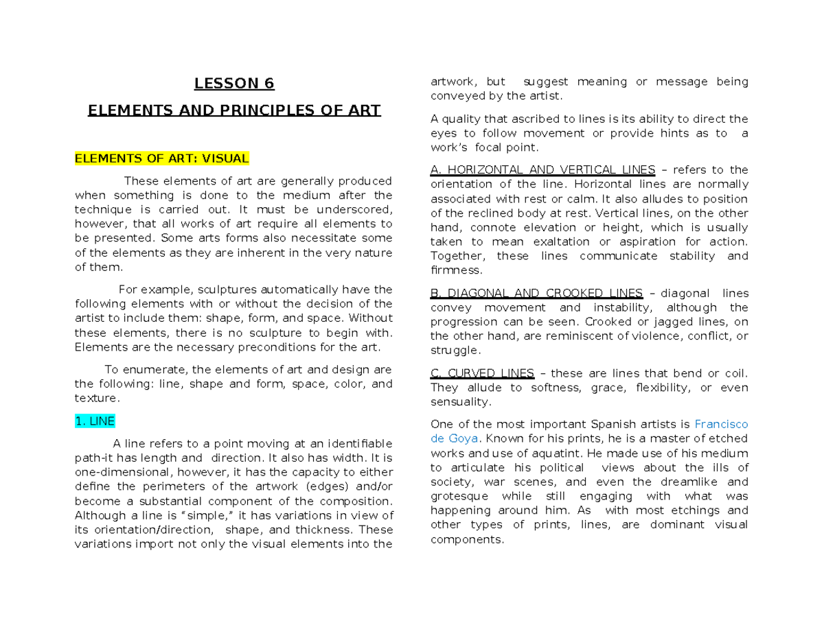 Lesson 6: Elements and Principles of Art Overview - Studocu