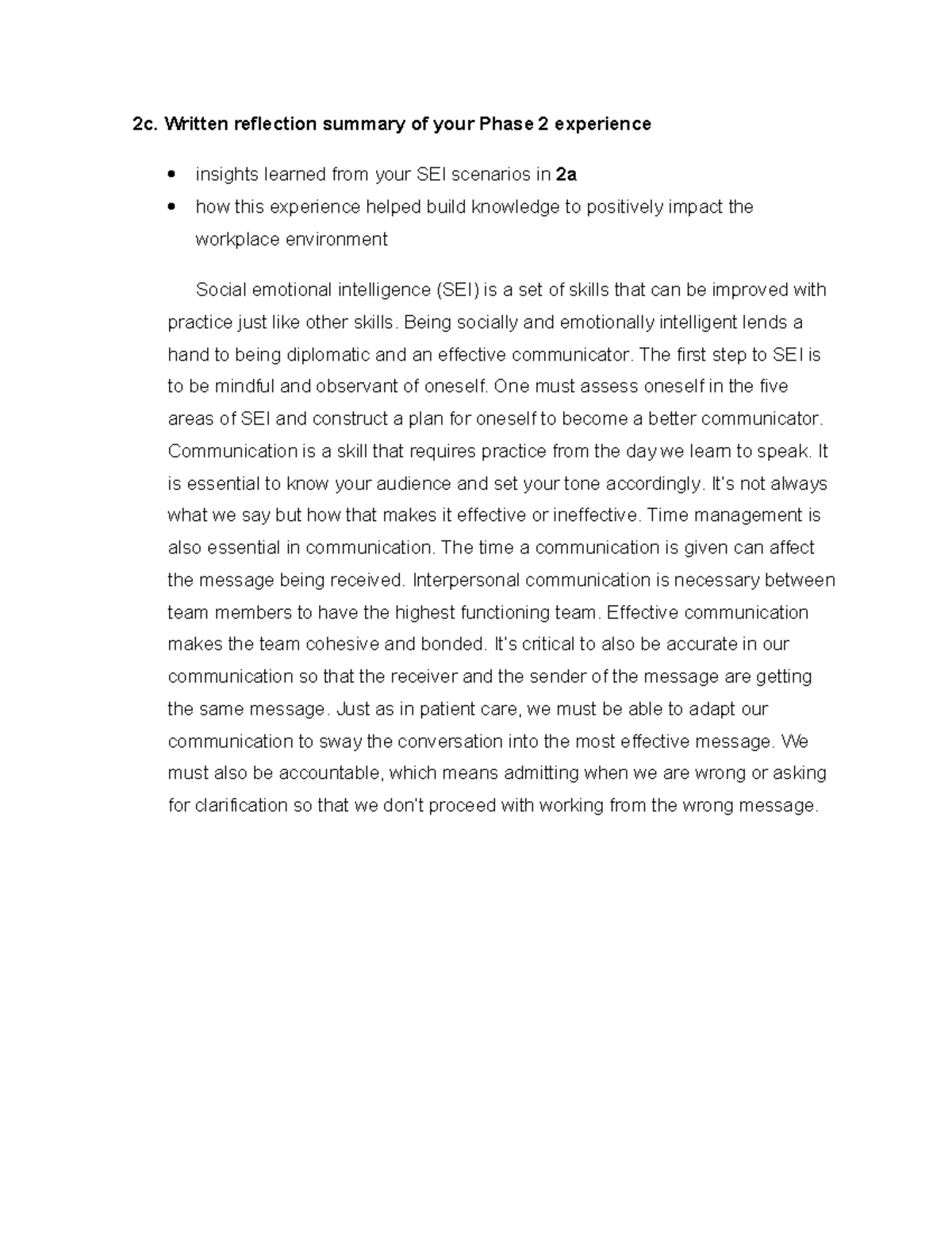 2C Clinical Reflection: Insights from Phase 2 SEI Experience - Studocu