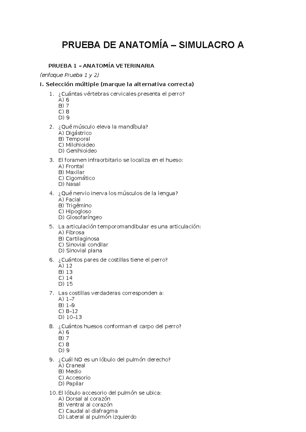 Simulacro de Prueba 1: Anatomía Veterinaria (Prueba 1 y 2) - Studocu