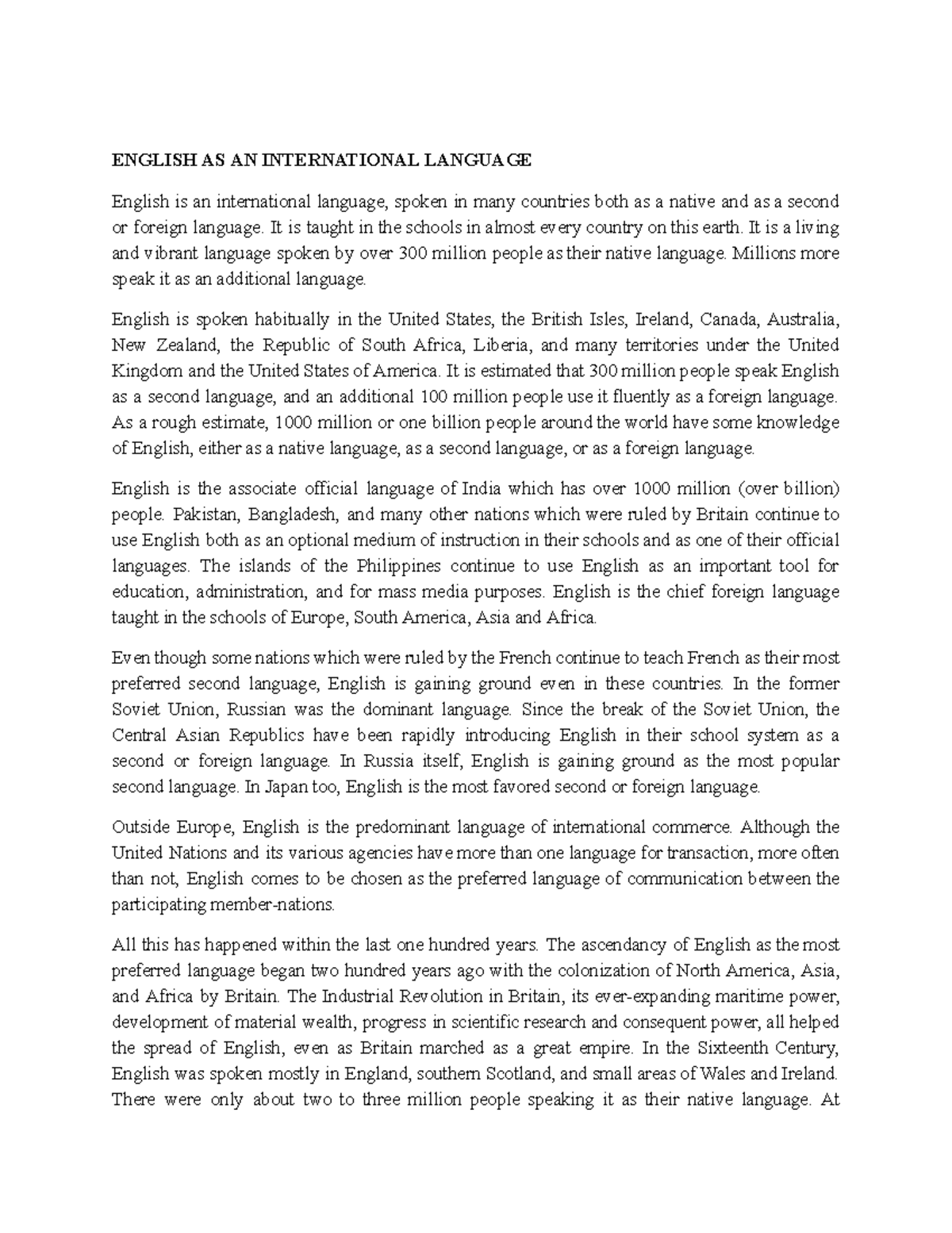 ENGLISH 101: The Global Impact of English as an Intl Language - Studocu