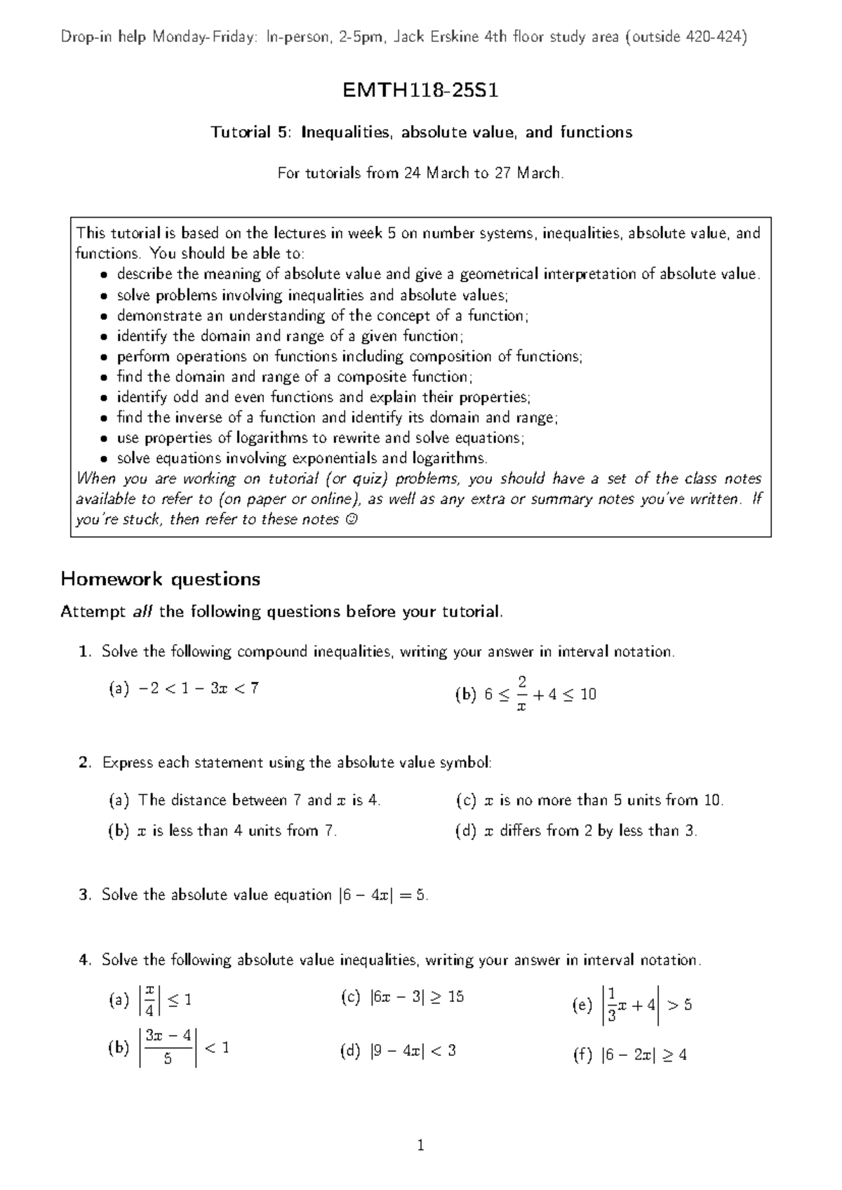 EMTH118 S1 Tutorial 05: Inequalities, Absolute Value, and Functions ...
