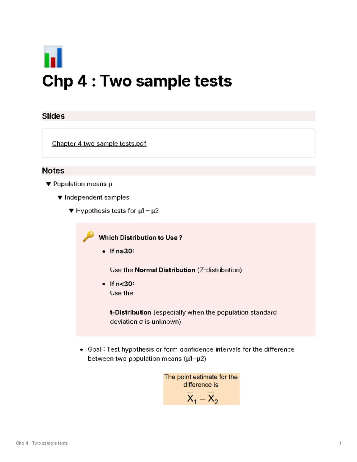 Two Sample Tests - Chapter 4 Summary and Notes (Stats 101) - Studocu