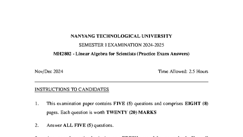 MH2802 Linear Algebra for Scientists - Semester I Exam Practice Answers ...