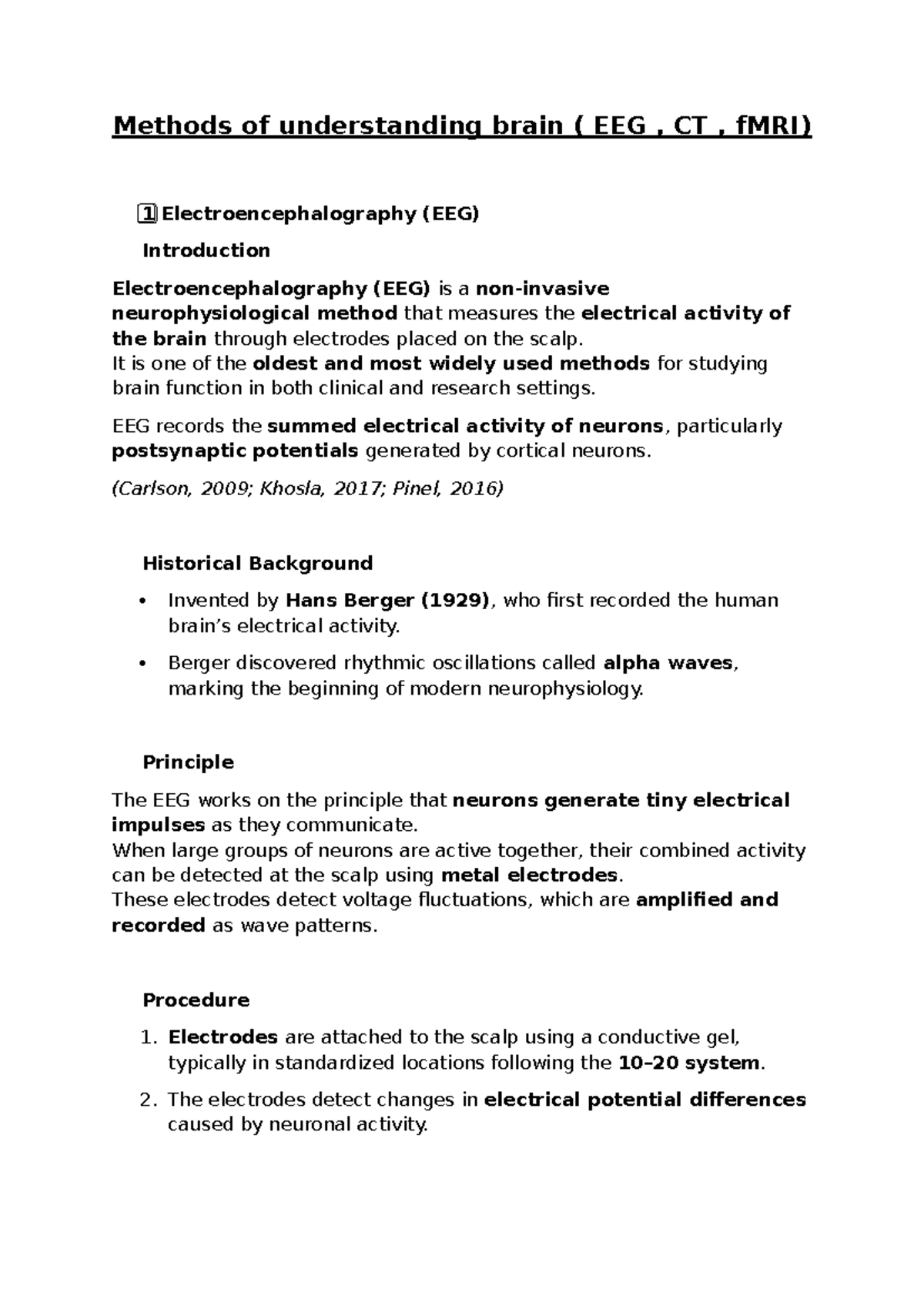 Methods of Understanding Brain Activity: EEG, CT, and fMRI - Studocu