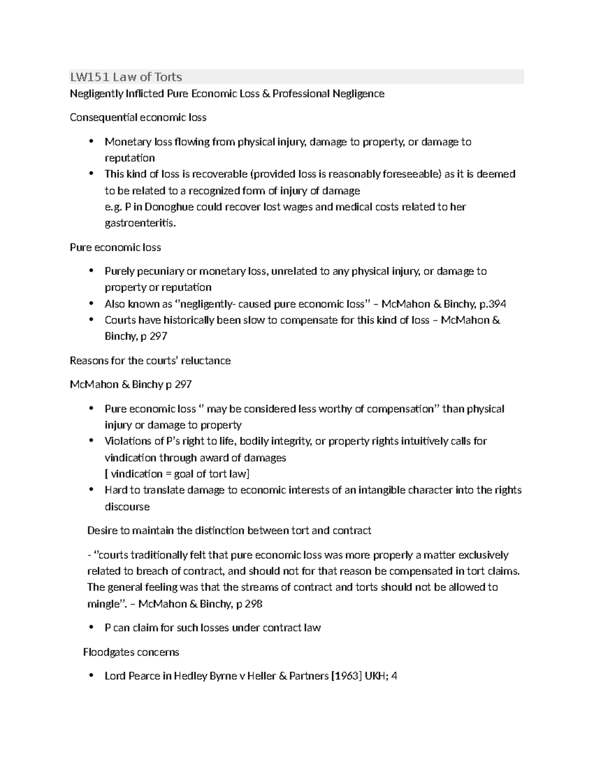 LW151 Law of Torts: Pure Economic Loss & Professional Negligence ...