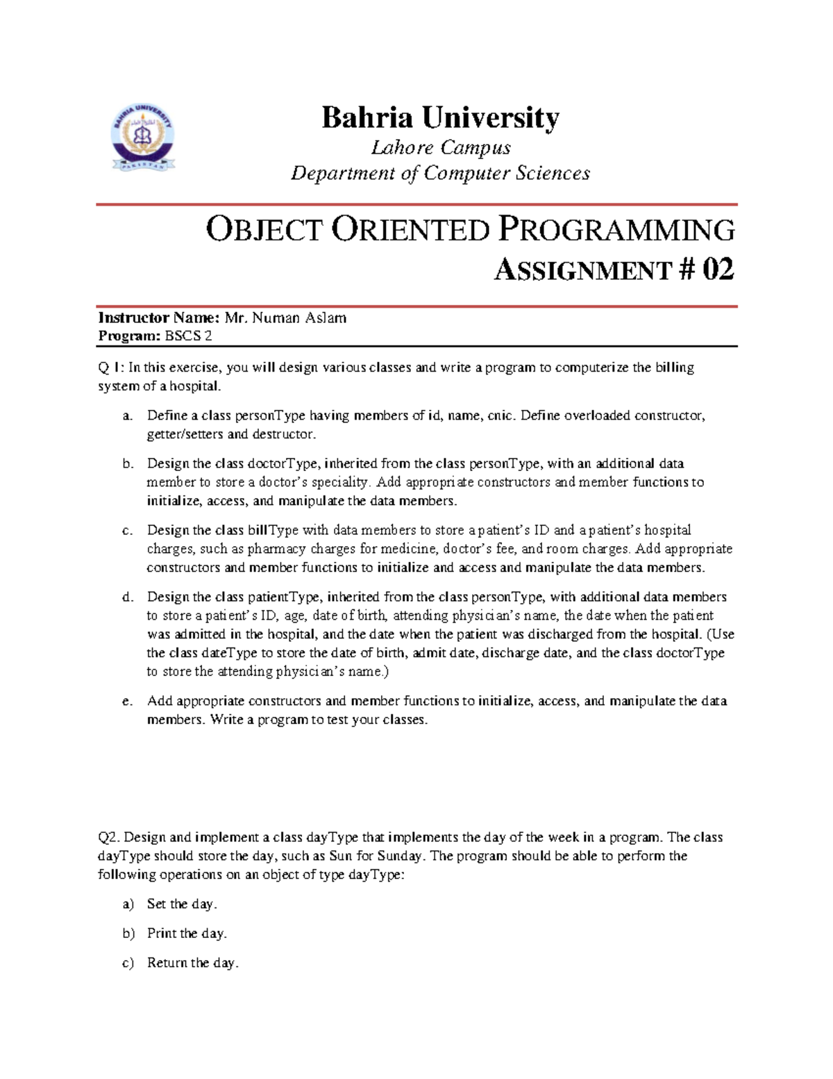 BSCS 2: Object Oriented Programming Assignment 02 - Studocu