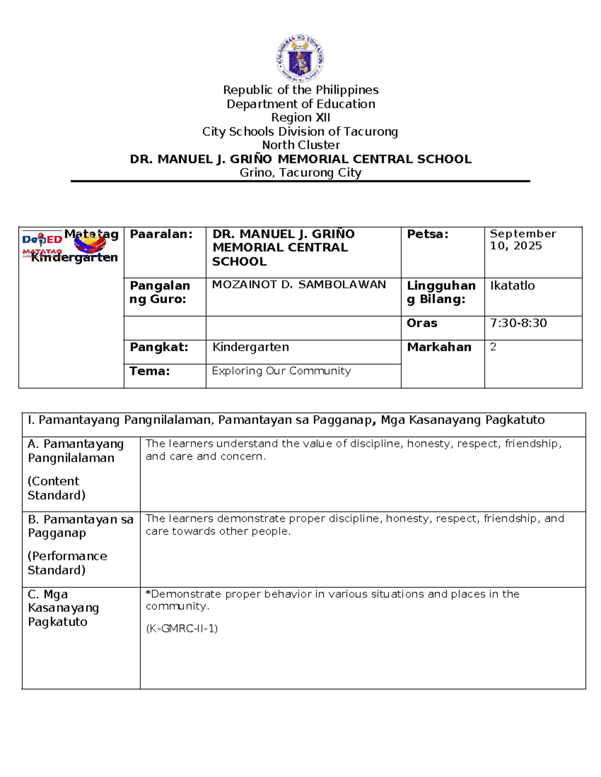 Matatagdlpintern - Kindergarten Lesson Plan: Exploring Our Community ...