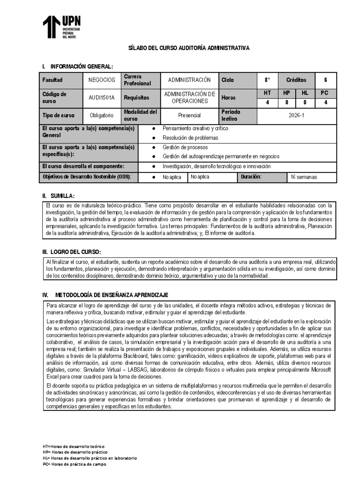 Sílabo del Curso AUDI1501A: Auditoría Administrativa I - Studocu