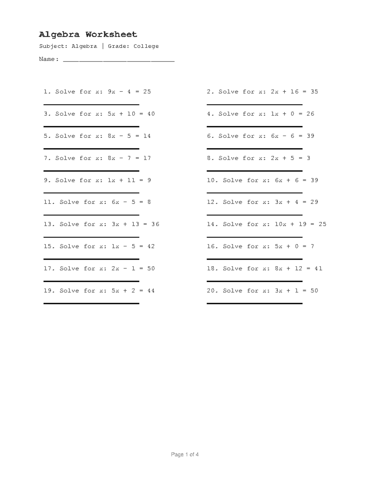 Algebra Worksheet 1 - College Level Problem Set - Studocu