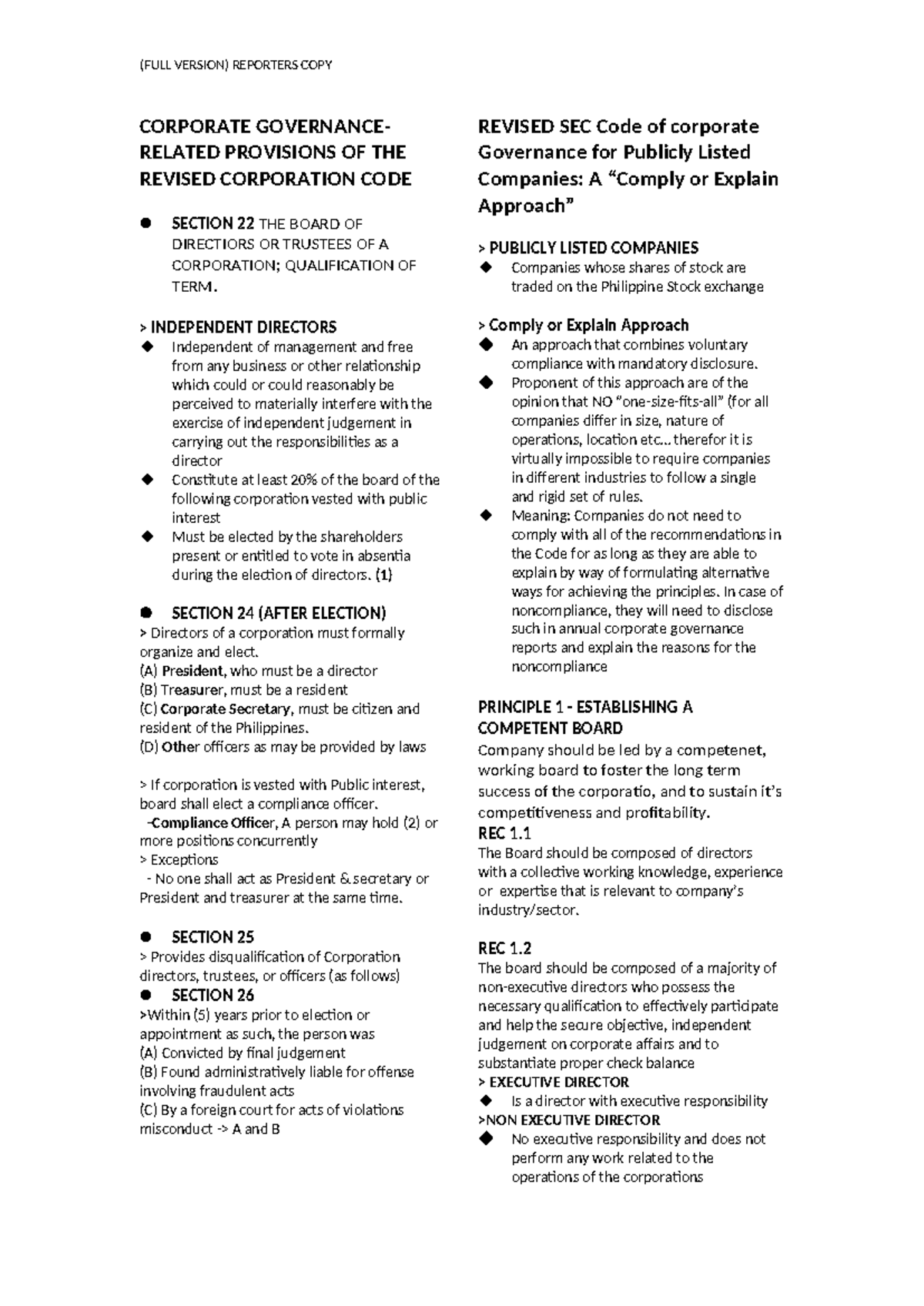Corporate Governance Provisions: Revised Corporation Code Overview - Studocu
