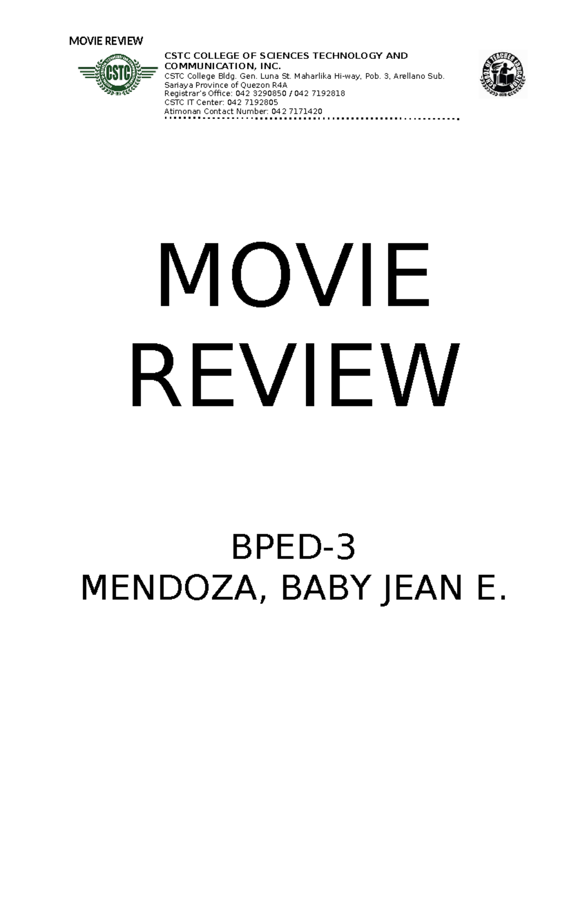 Jean Review - CSTC COLLEGE OF SCIENCES TECHNOLOGY AND COMMUNICATION ...