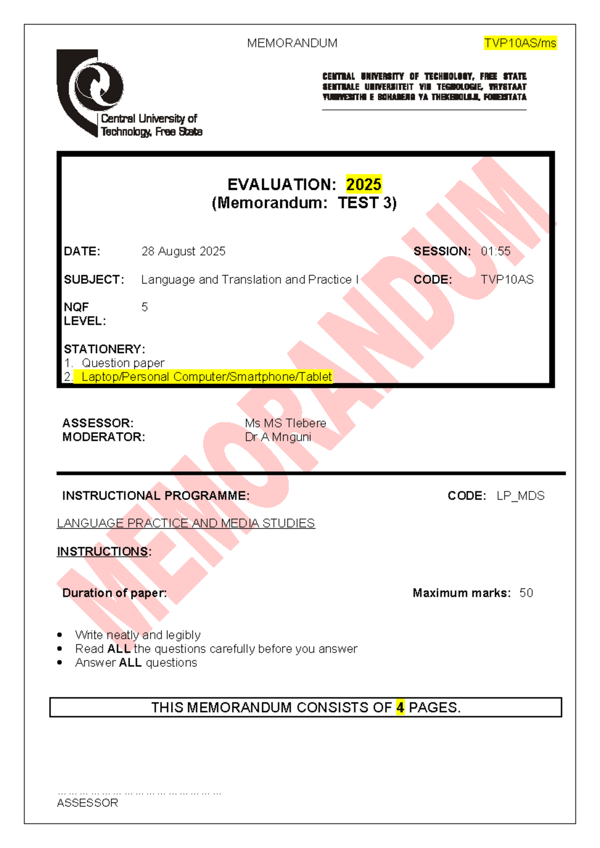 TVP10AS Test 3 Memorandum: Language and Translation Practice I 2025 ...