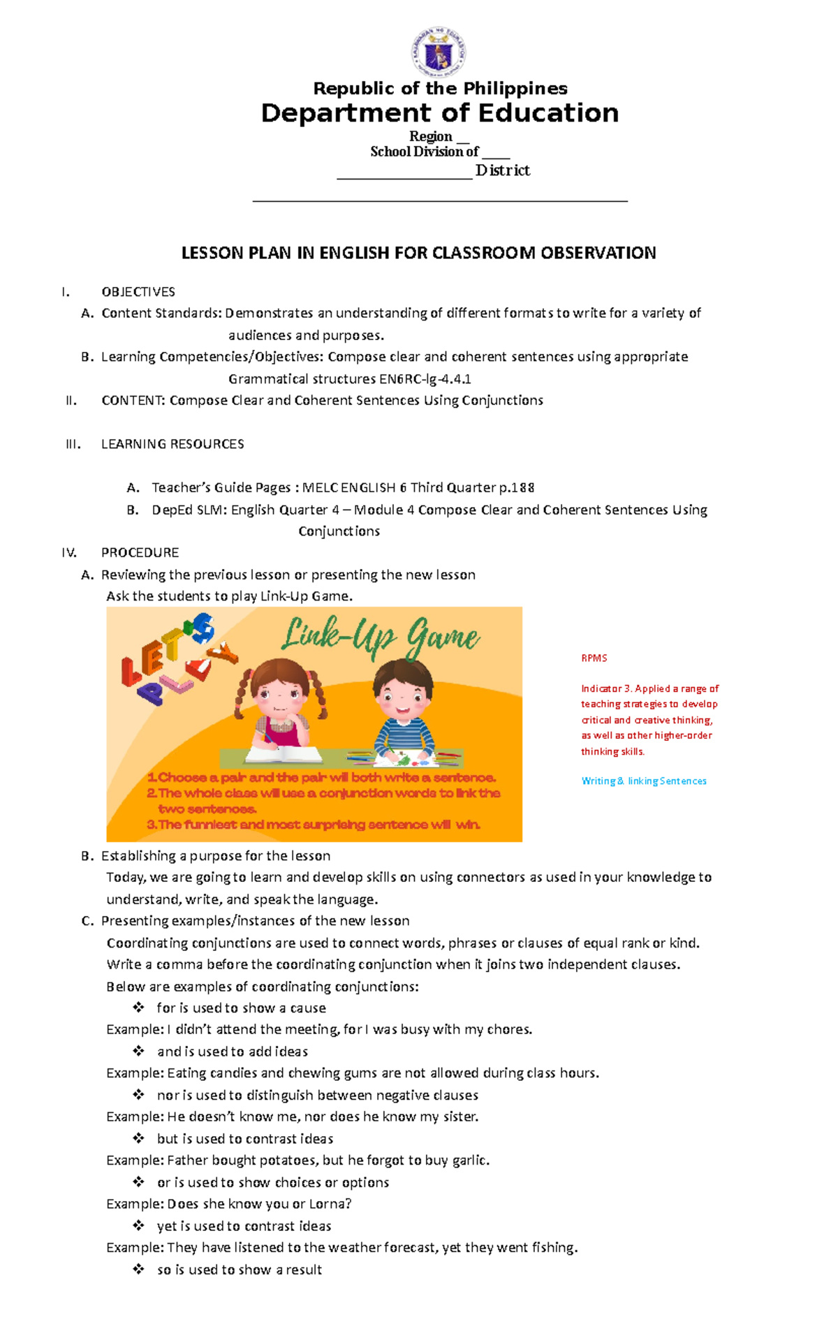 Lesson Plan EN6RC-lg-4.4: Crafting Coherent Sentences with Conjunctions ...