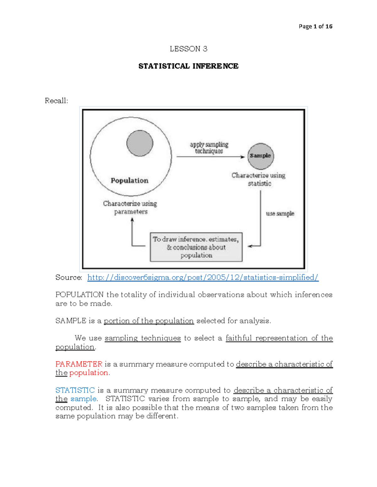 Lesson 3 Statistical Inference - LESSON 3 STATISTICAL INFERENCE Recall ...