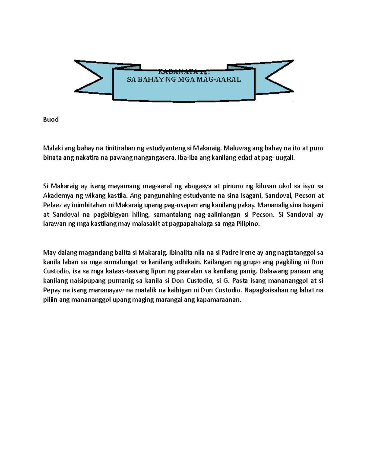 Buod ng Kabanata 14: Sa Bahay ng mga Mag-Aaral sa El Filibusterismo ...