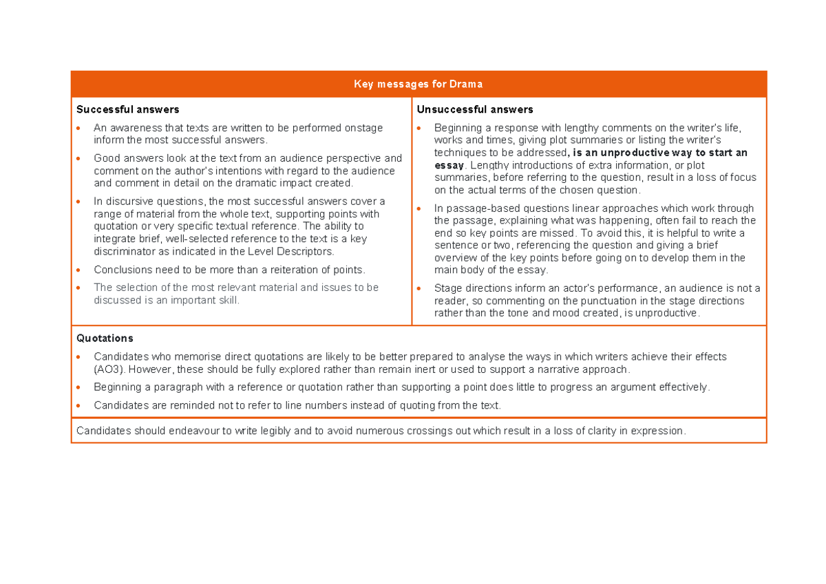 Drama - key messages - Key messages for Drama Successful answers • An ...