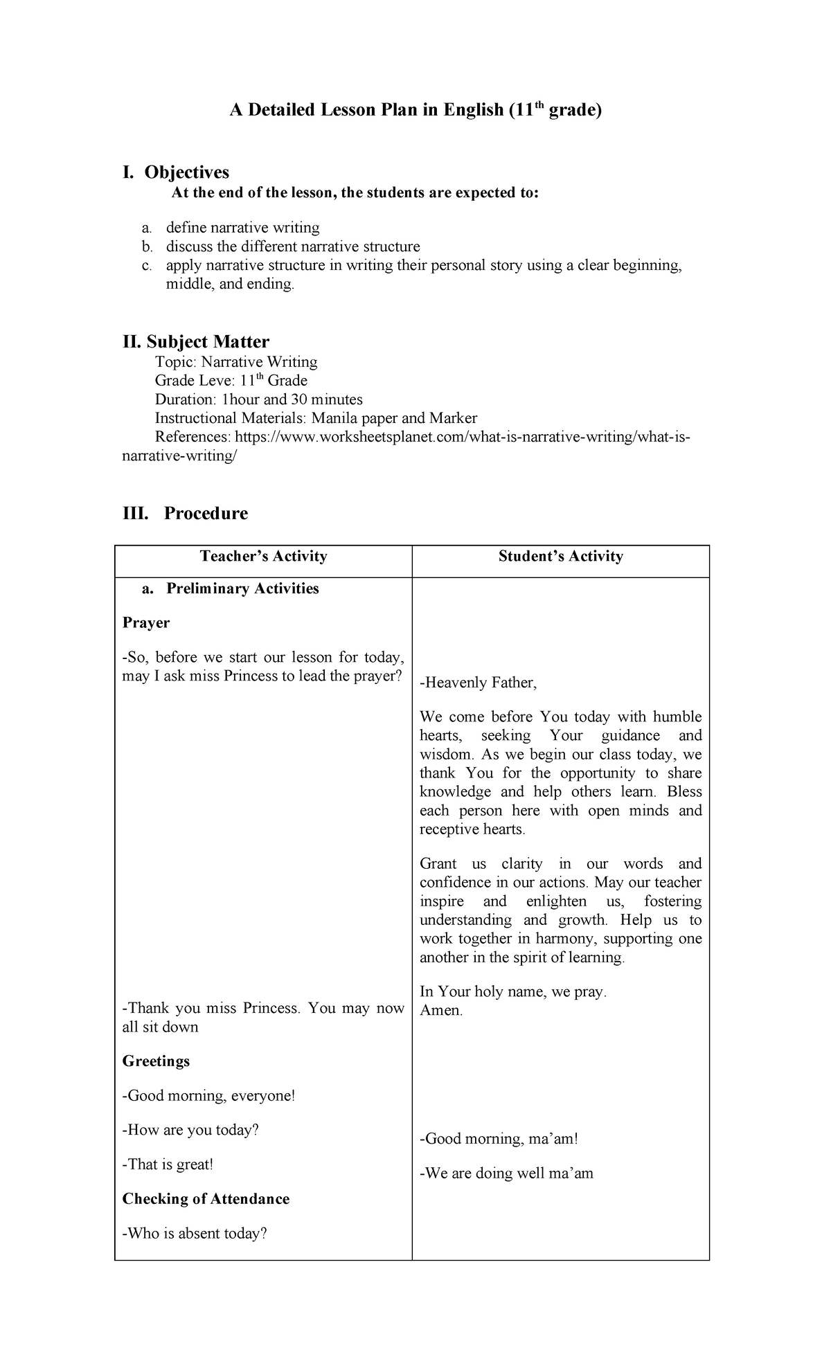 Detailed Lesson Plan in Narrative Writing (11th Grade) - Studocu