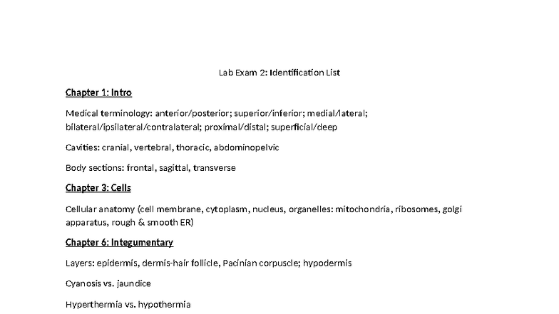 Lab Exam 2: Identification List for Human Anatomy & Physiology - Studocu
