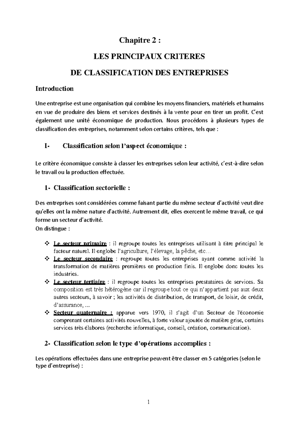 Chapitre 2 : Critères de Classification des Entreprises - Studocu