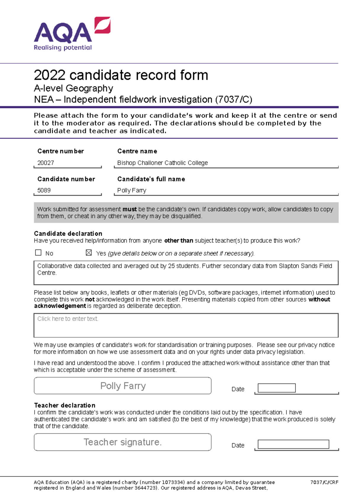 A-level Geography NEA 7037/C: Candidate Record & Investigation Form ...