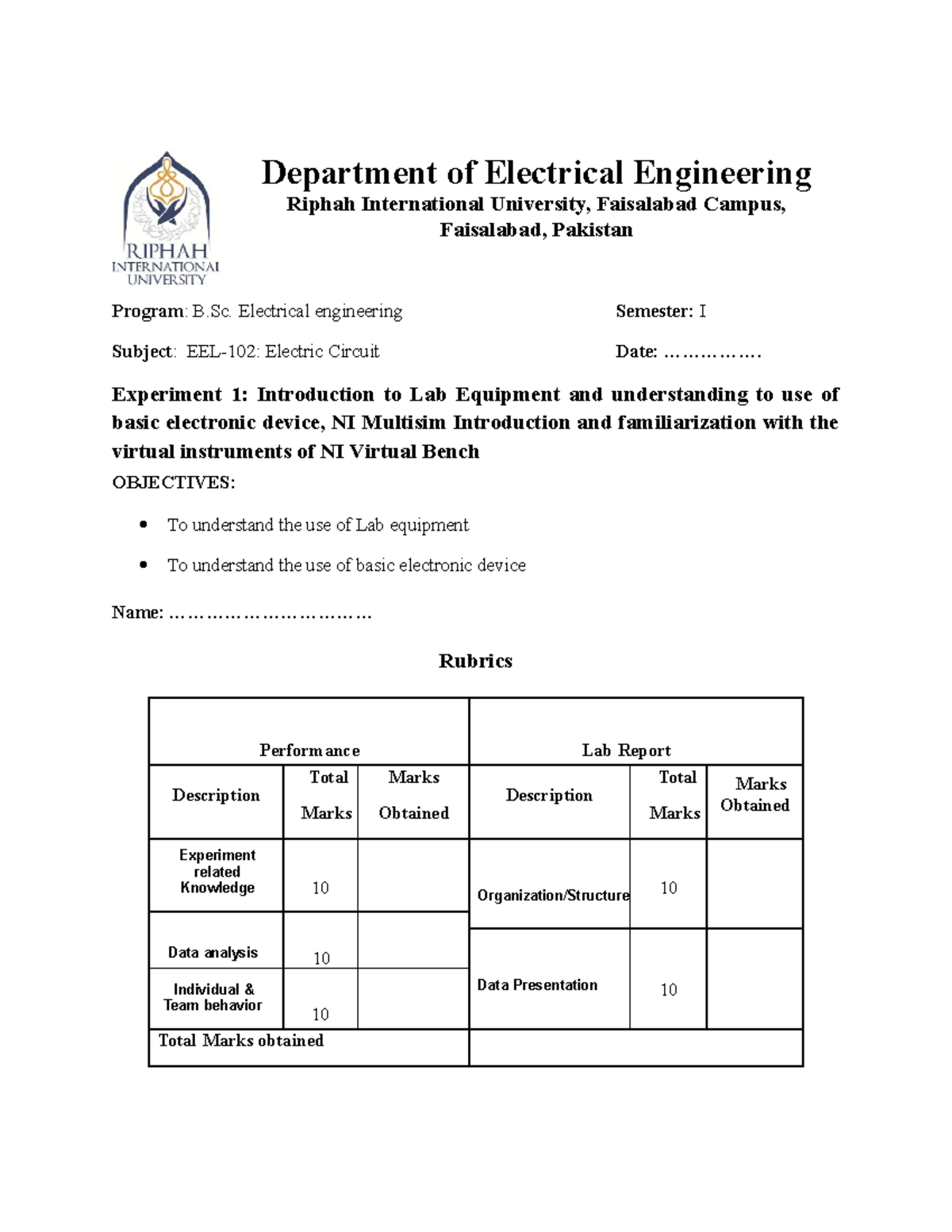 electric circuit student lab 5 experiment for practice - Department of Electrical Engineering ...