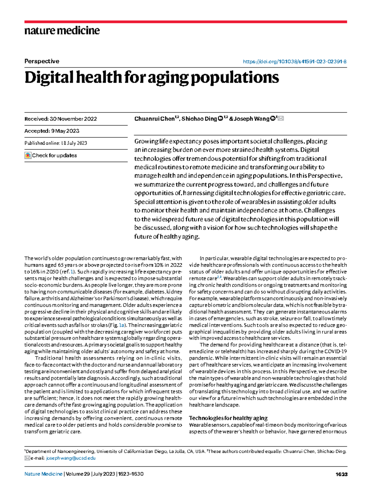 Digital Health Innovations for Geriatric Care: A Perspective (S41591 ...