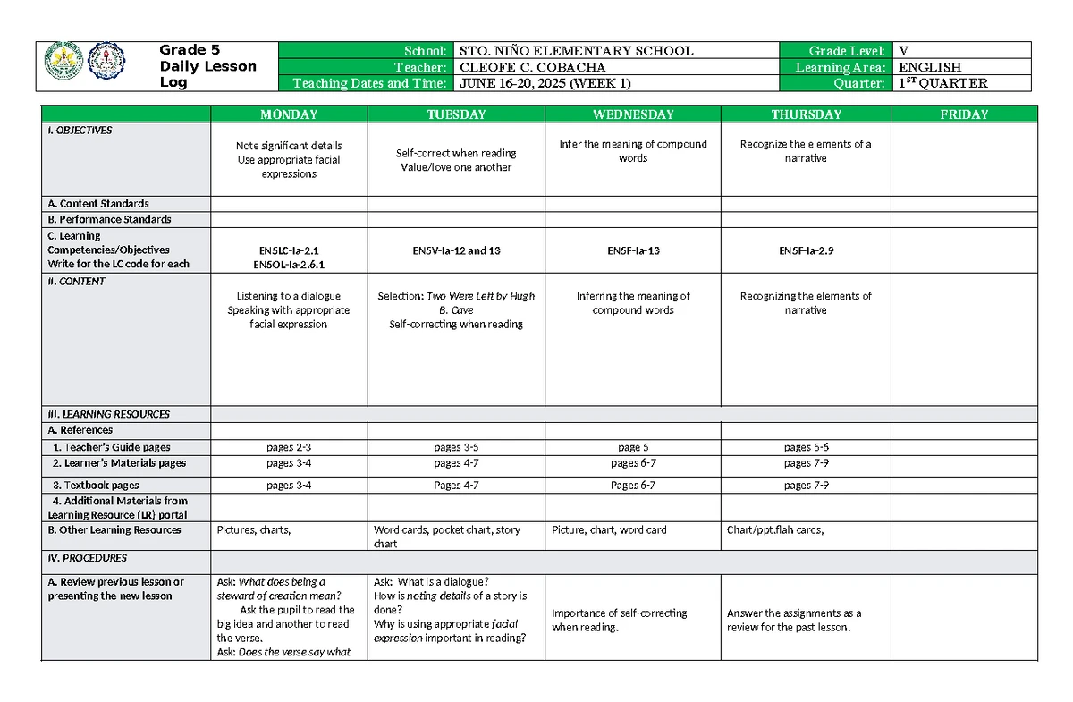 Grade 6 Daily Lesson Log: English 6 Q1 W1 Activities and Objectives ...