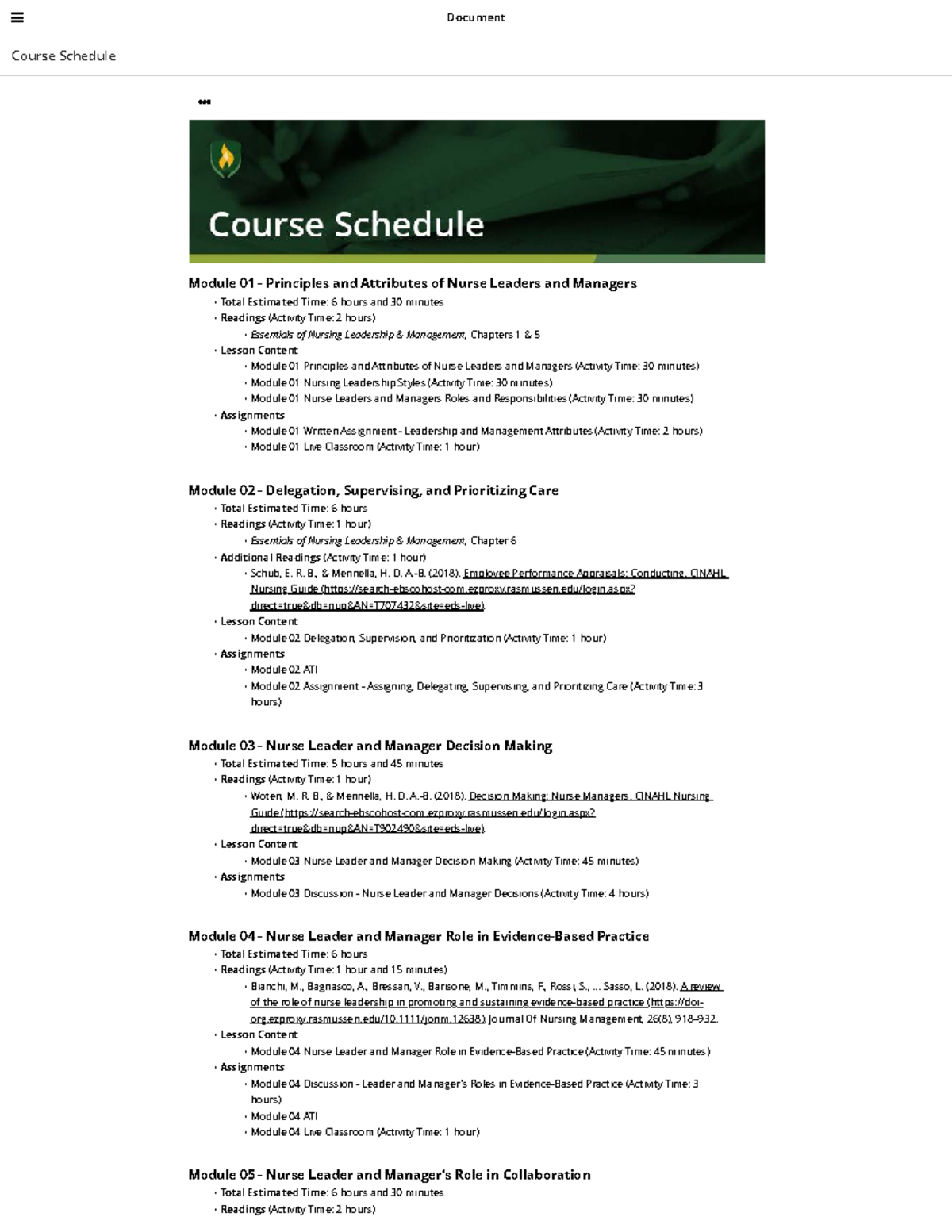 Leadership ADN Course Schedule Outline: Modules Overview and Activities ...