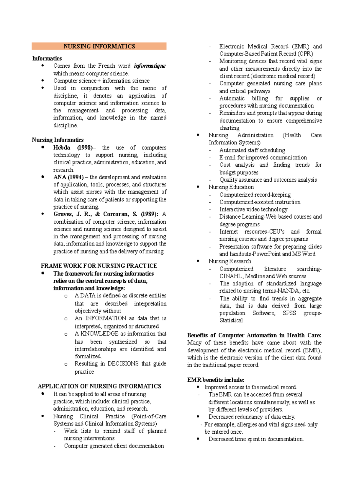 NURS 101: Nursing Informatics - Preliminary Overview and Applications ...